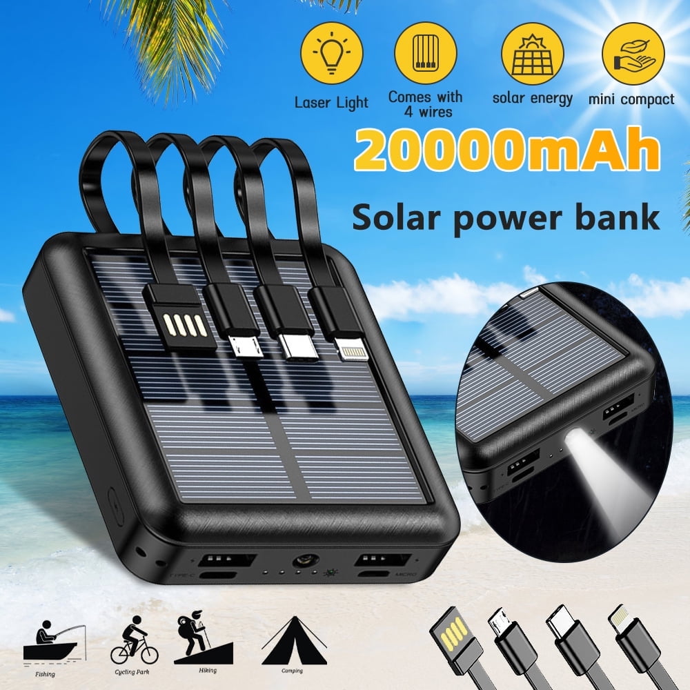 Outdoor must-have! 20000mAh solar power bank, four cables, dual USB ...