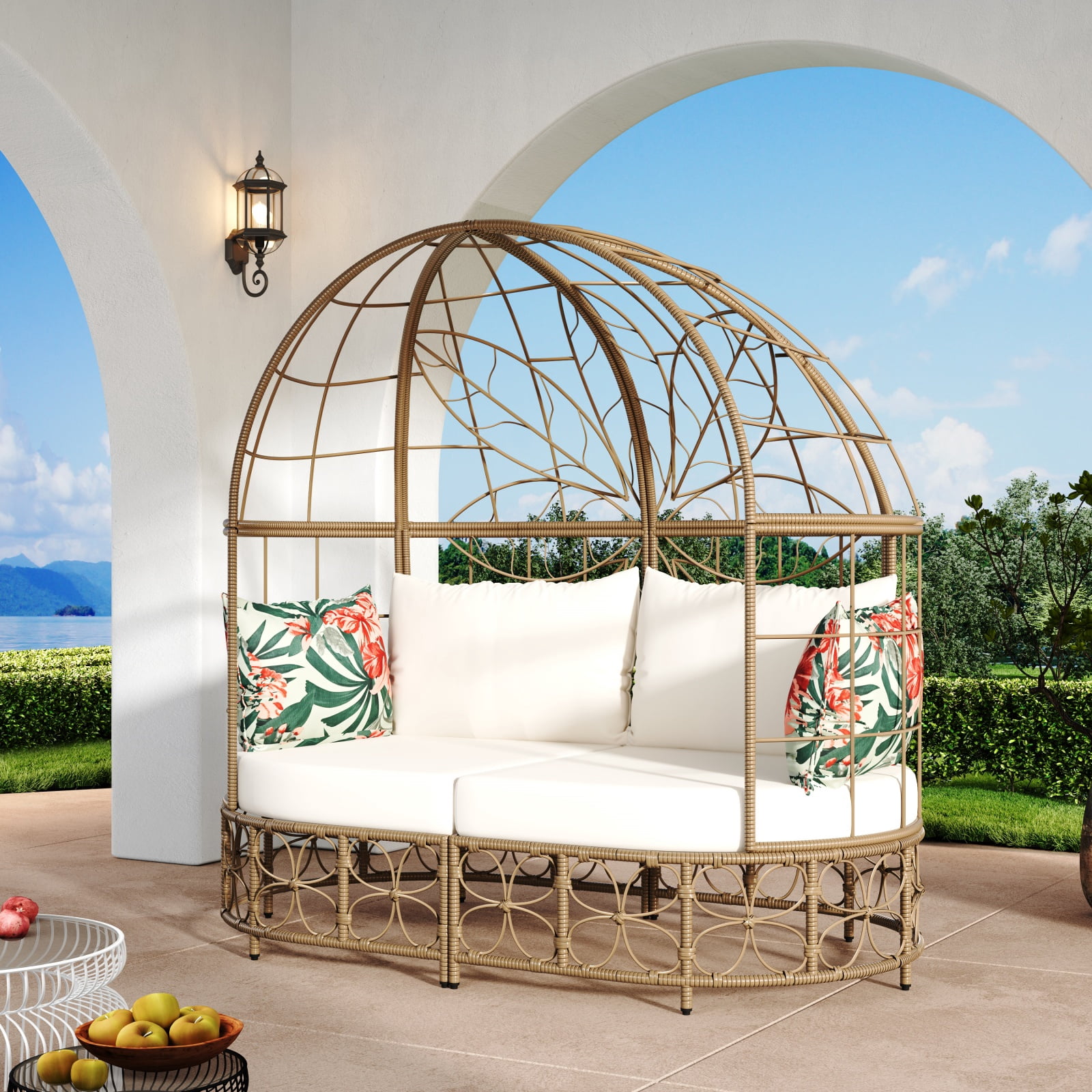 Outdoor sunbed with colored pillows, wicker patio sofa bed with ...
