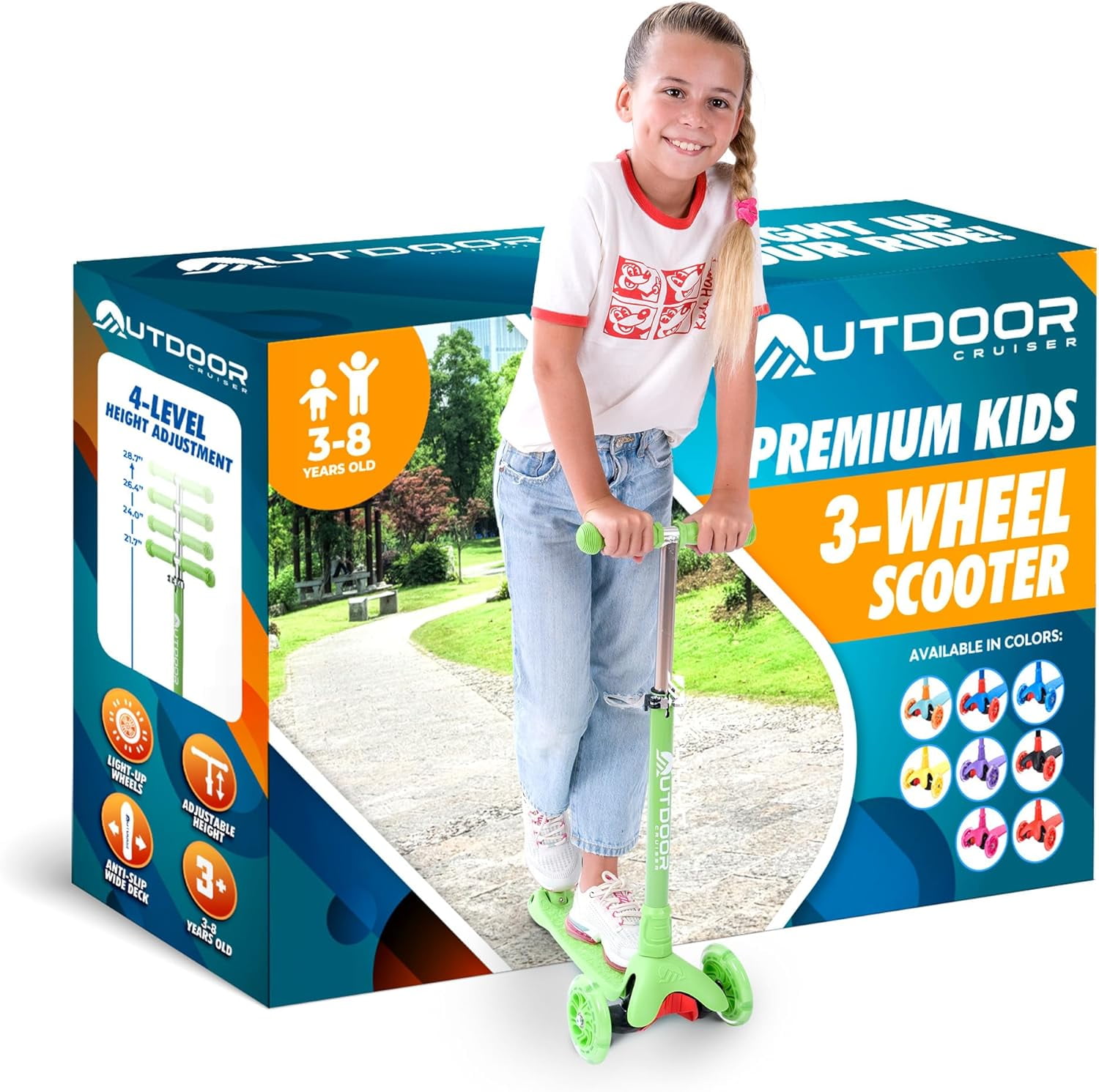 OutdoorCruiser Green 3-Wheel Kids Scooter – Lean-to-Steer, Wide Deck ...