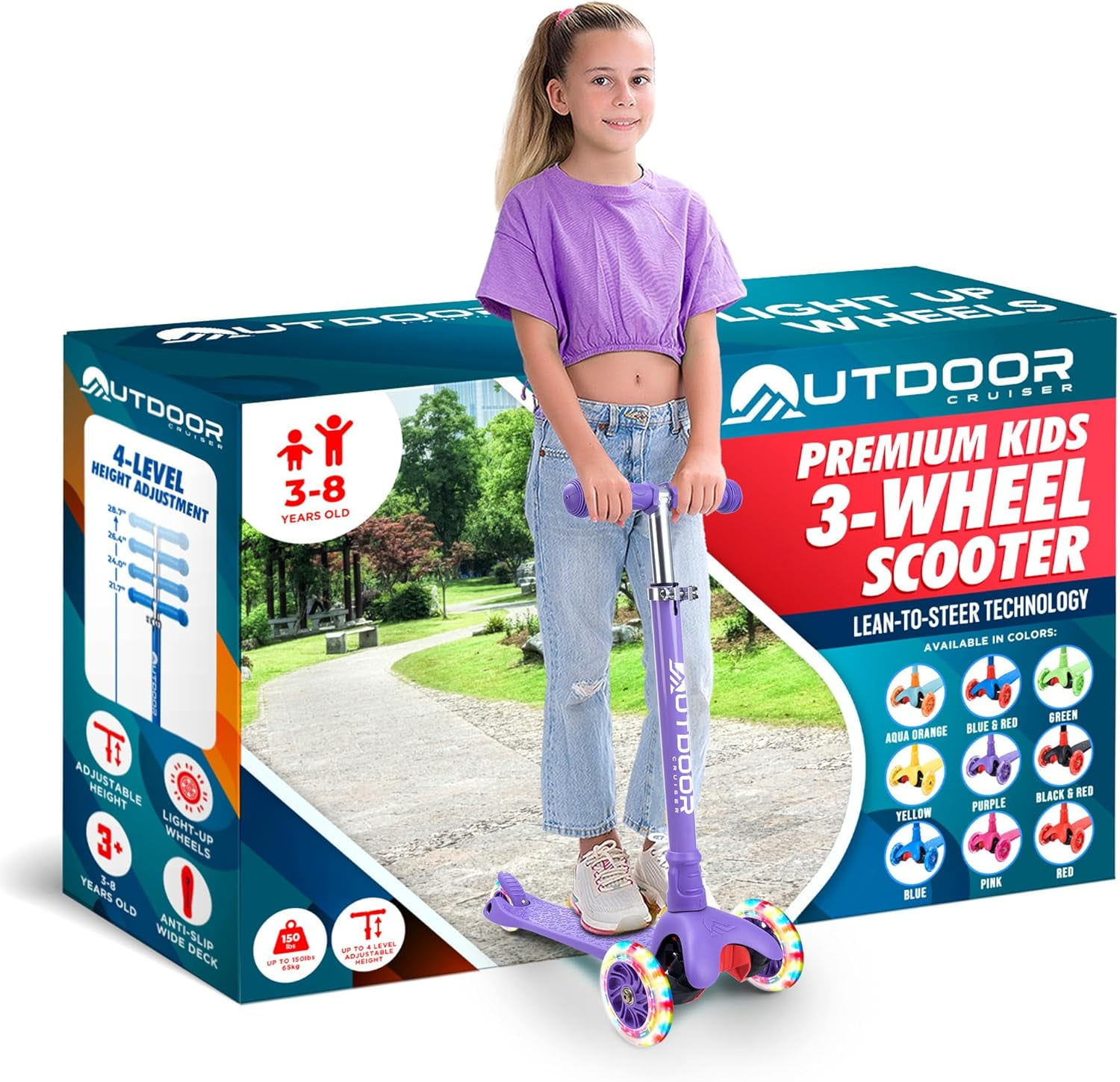 OutdoorCruiser 3-Wheel Kids Scooter, LED Wheels, Adjustable T-Bar, 150 ...
