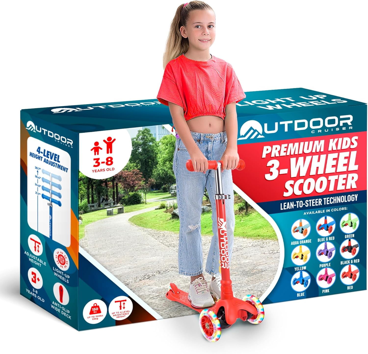 OutdoorCruiser Red 3-Wheel Kids Scooter – Lean-to-Steer, Wide Deck, LED ...