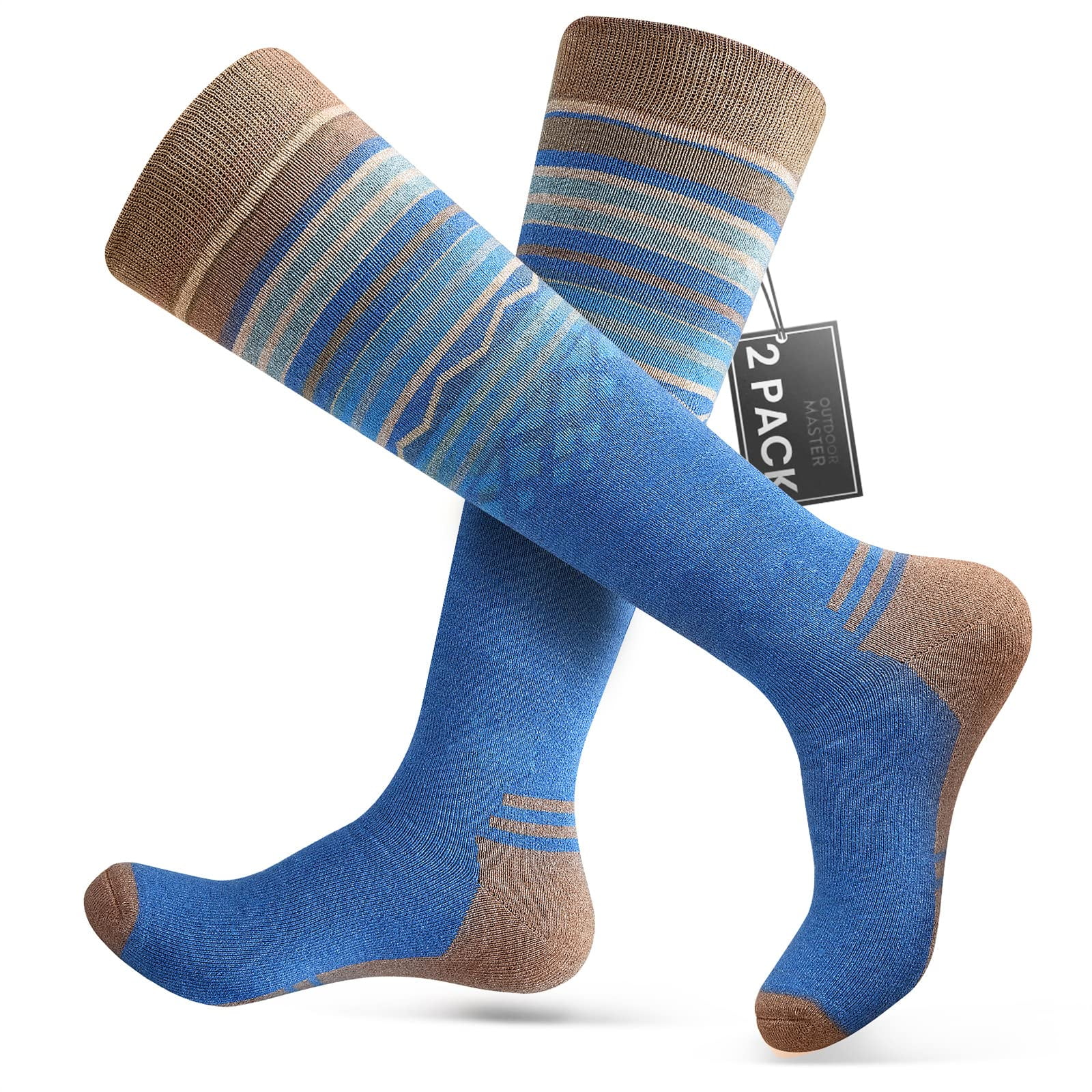 OutdoorMaster Ski Socks 2-Pack Merino Wool, Over The Calf Non-Slip Cuff ...