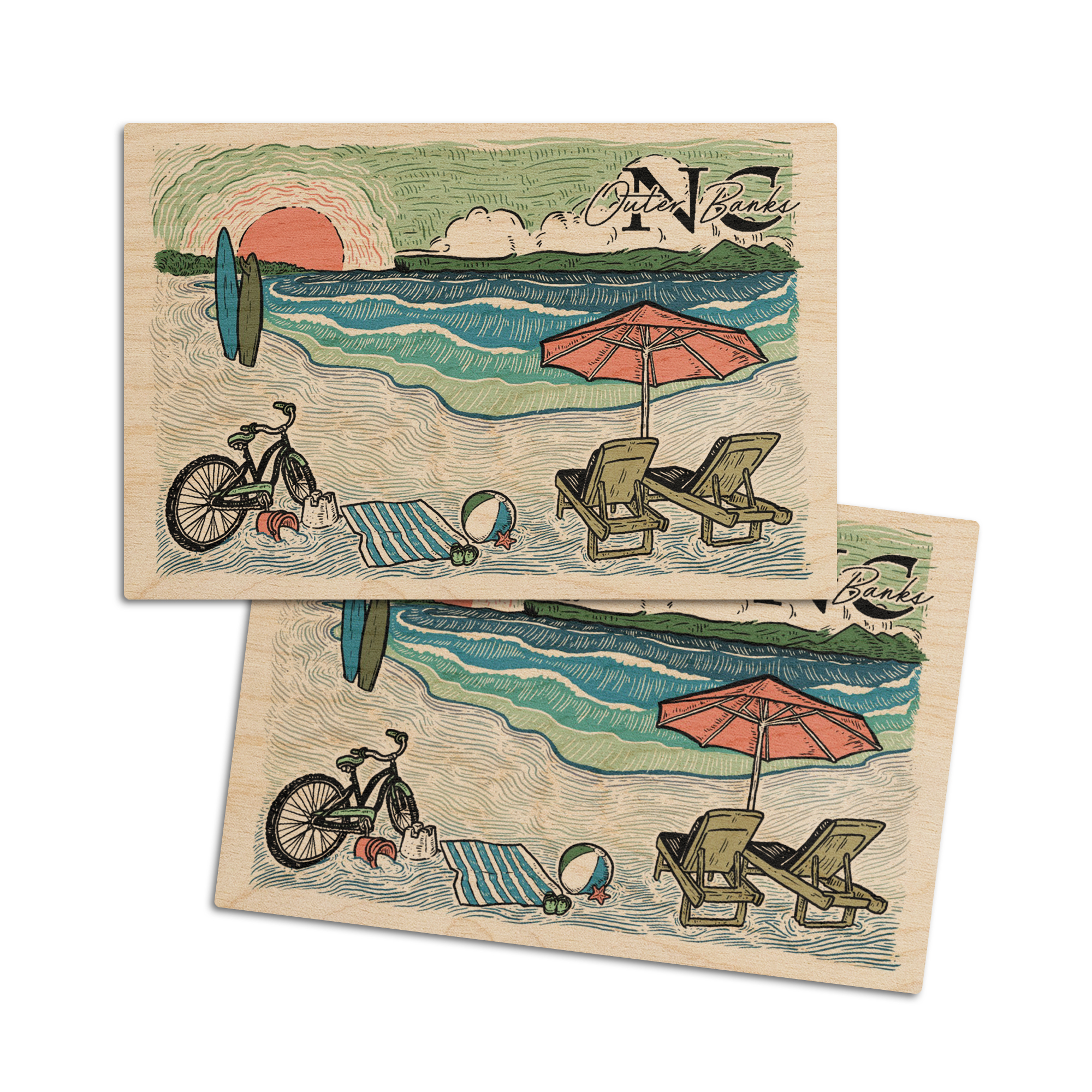 Outer Banks, North Carolina, Beach Scene, Sketch (4x6 Birch Wood ...
