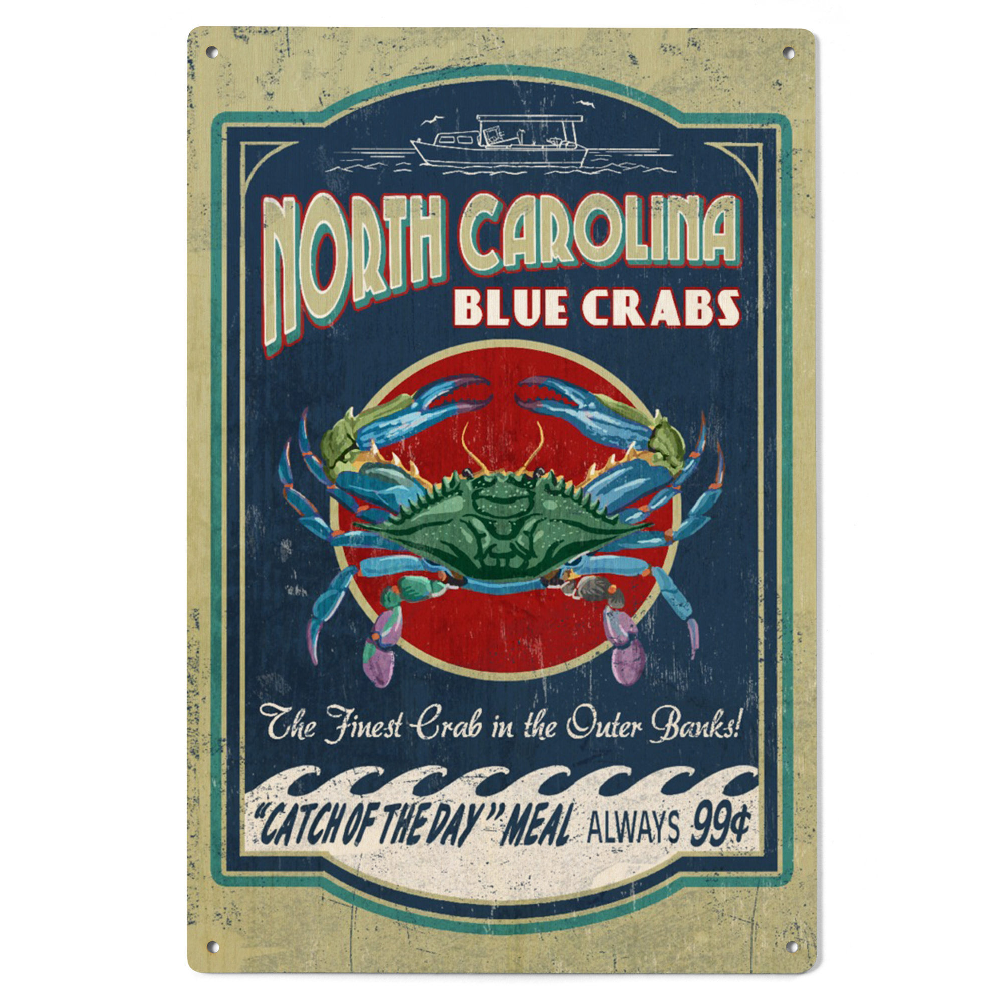 Outer Banks, North Carolina, Blue Crabs, Vintage Sign, Contour Birch ...