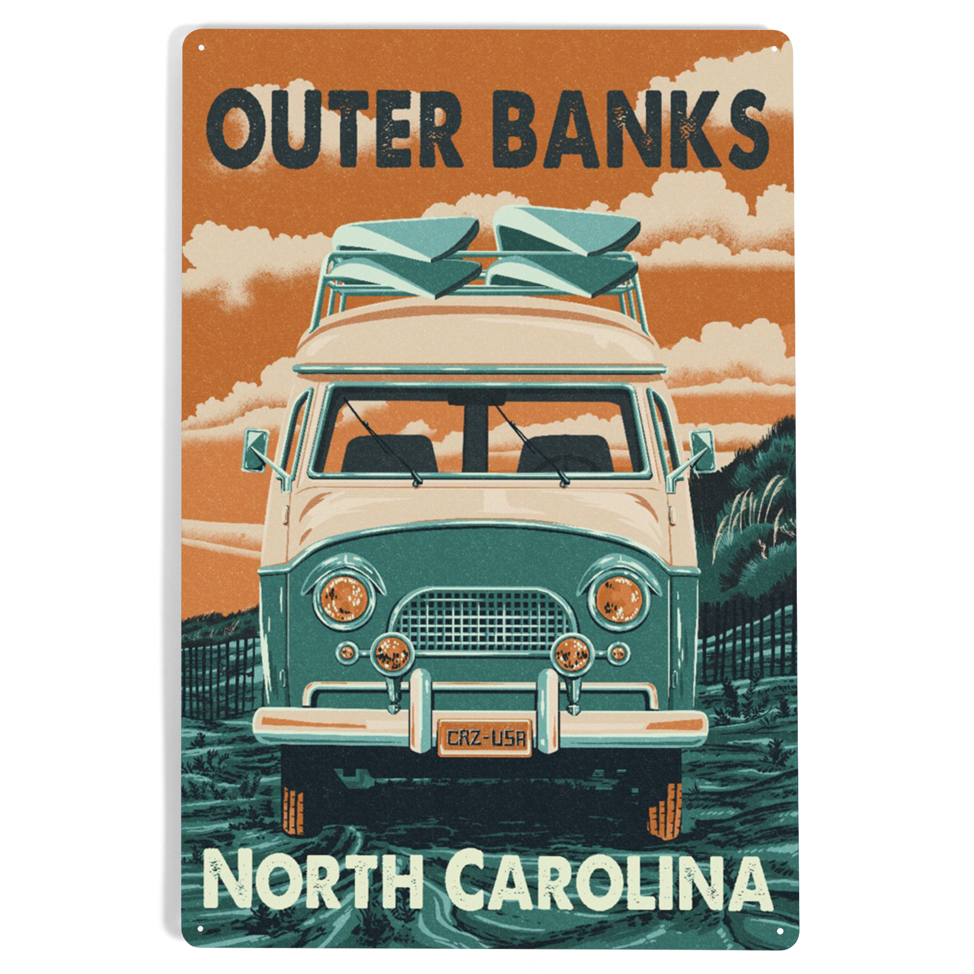 Outer Banks, North Carolina, Camper Van, Letterpress (12x18 Aluminum ...