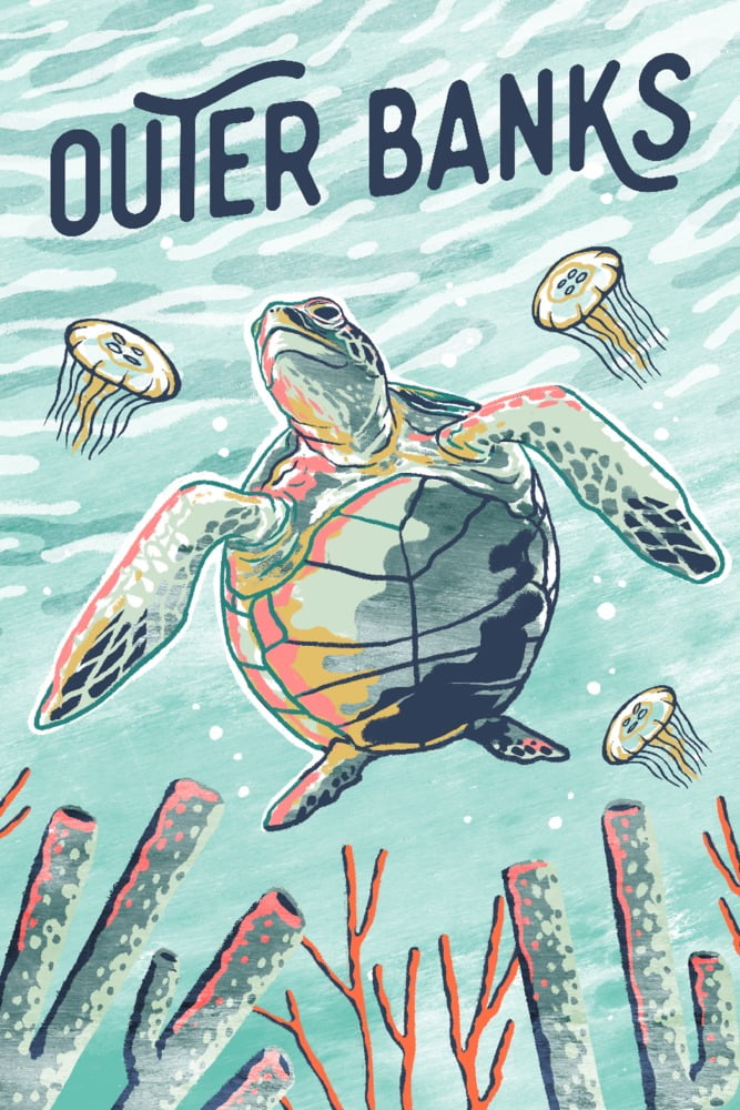 Outer Banks, North Carolina, Graphic Pastel, Sea Turtle (16x24 Giclee ...