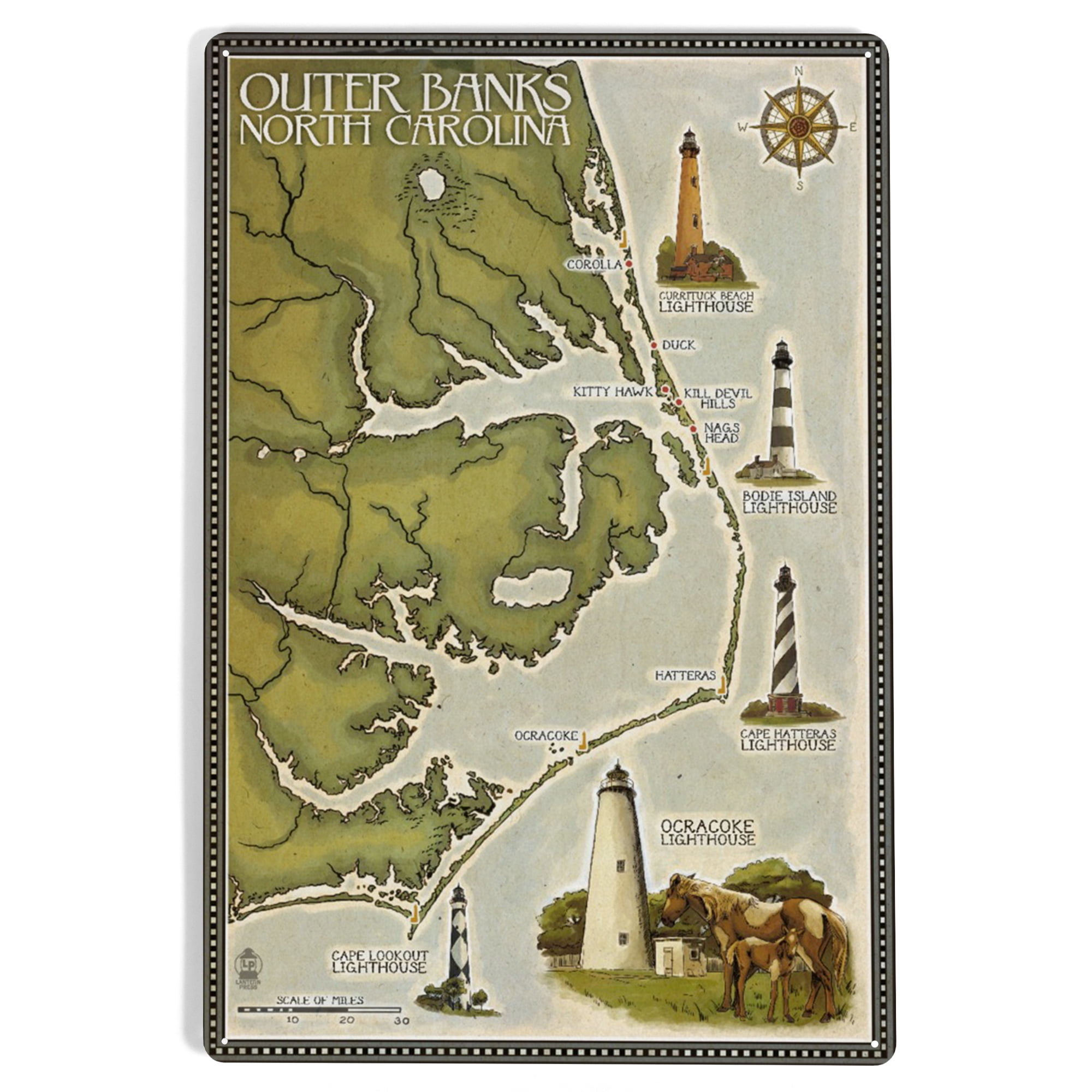 Outer Banks, North Carolina, Lighthouse and Town Map (12x18 Aluminum ...