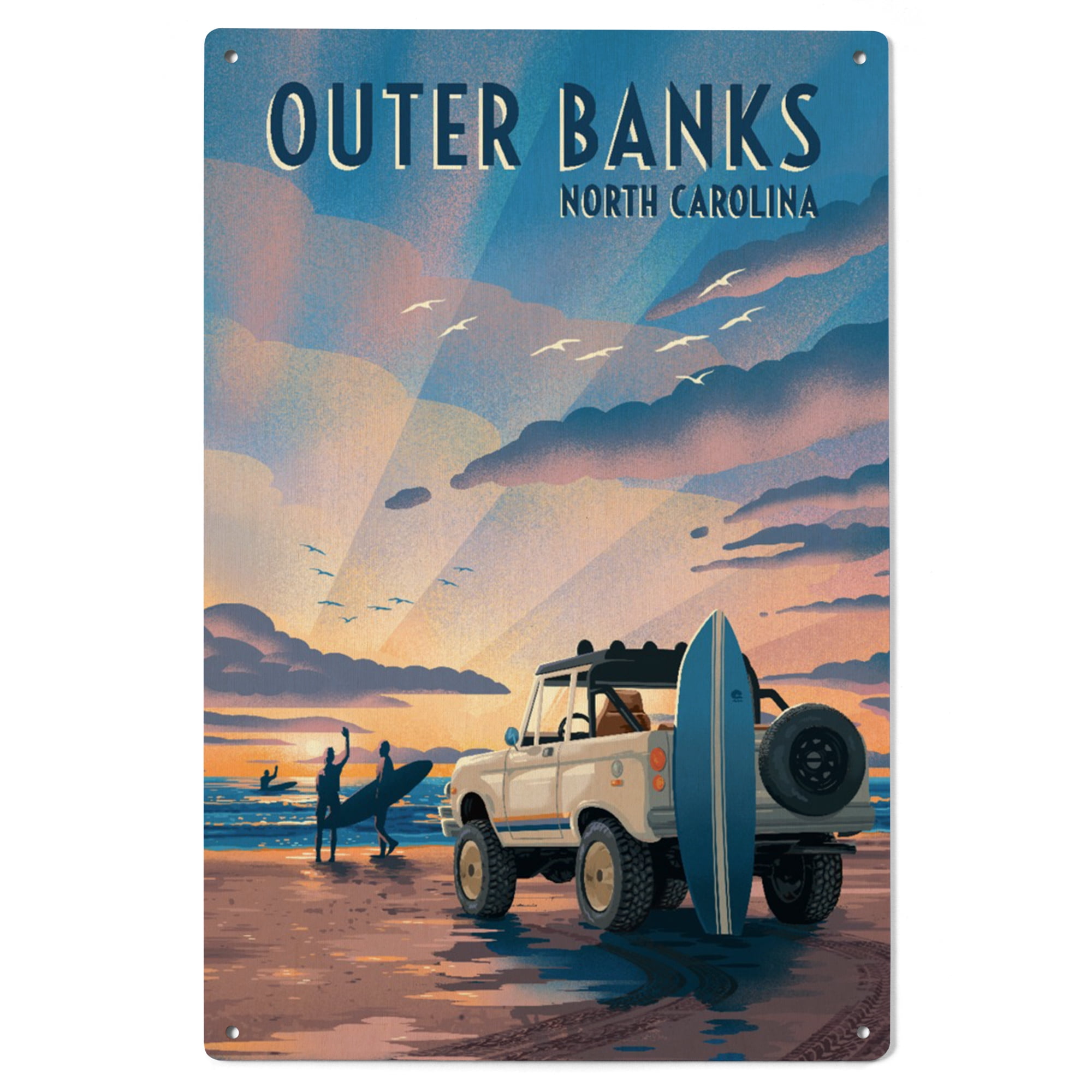 Outer Banks, North Carolina, Lithograph, Surfers on Beach Birch Wood ...