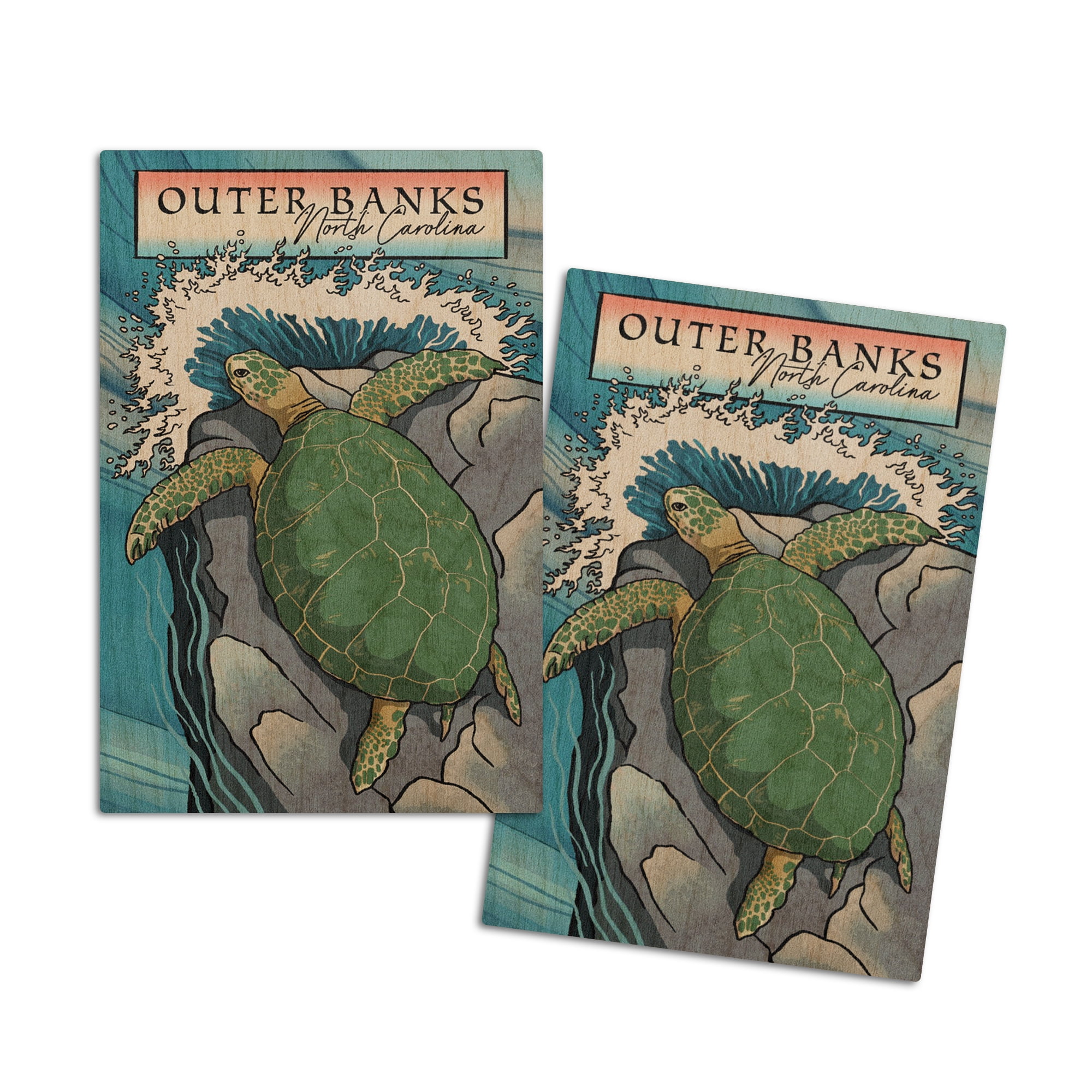 Outer Banks, North Carolina, Sea Turtle, Woodblock (4x6 Birch Wood ...