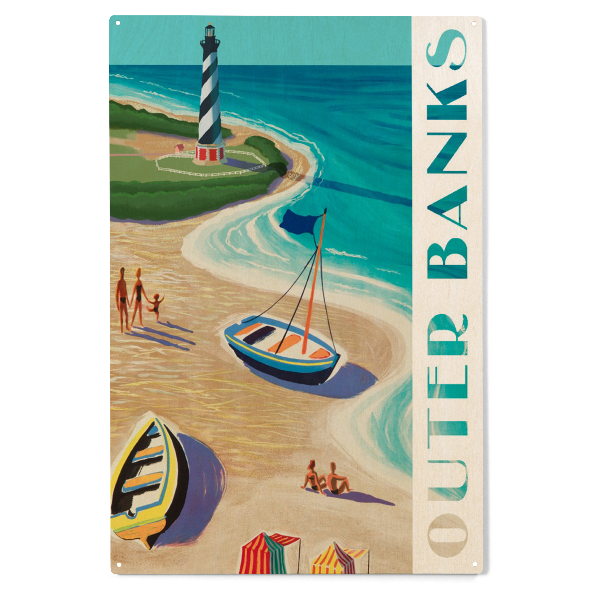 Outer Banks, North Carolina, Vintage Beach Scene Birch Wood Wall Sign ...