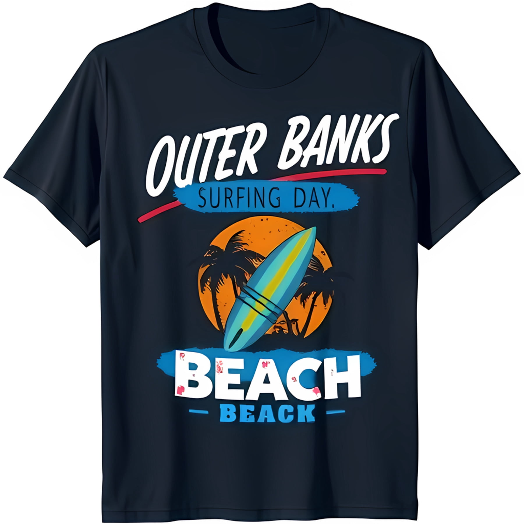 Outer Banks Surfing Day Black T-Shirt with Surfboard Sunset Graphic ...