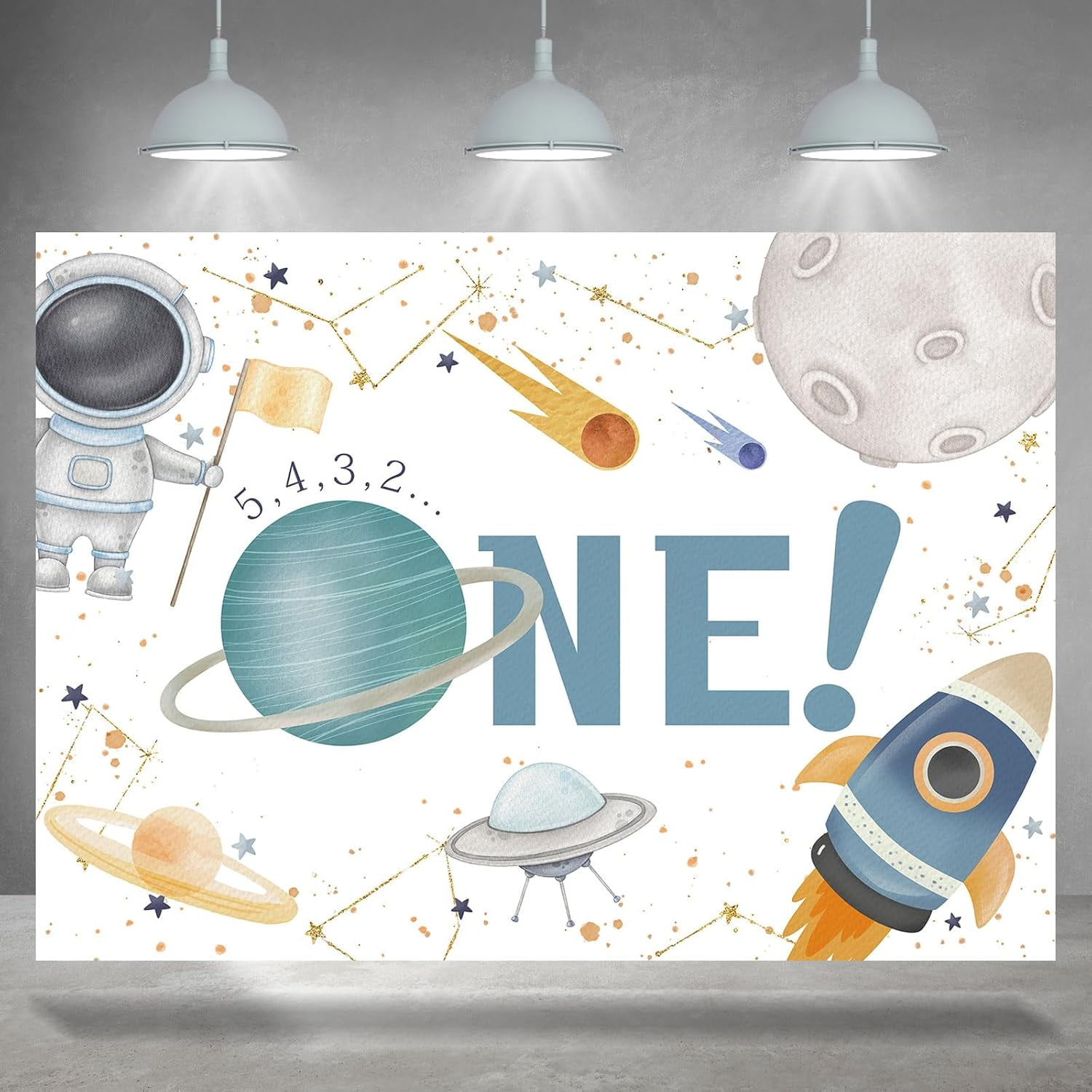Outer Space 1st Birthday Backdrop Boys Galaxy Blue Planets Astronaut ...