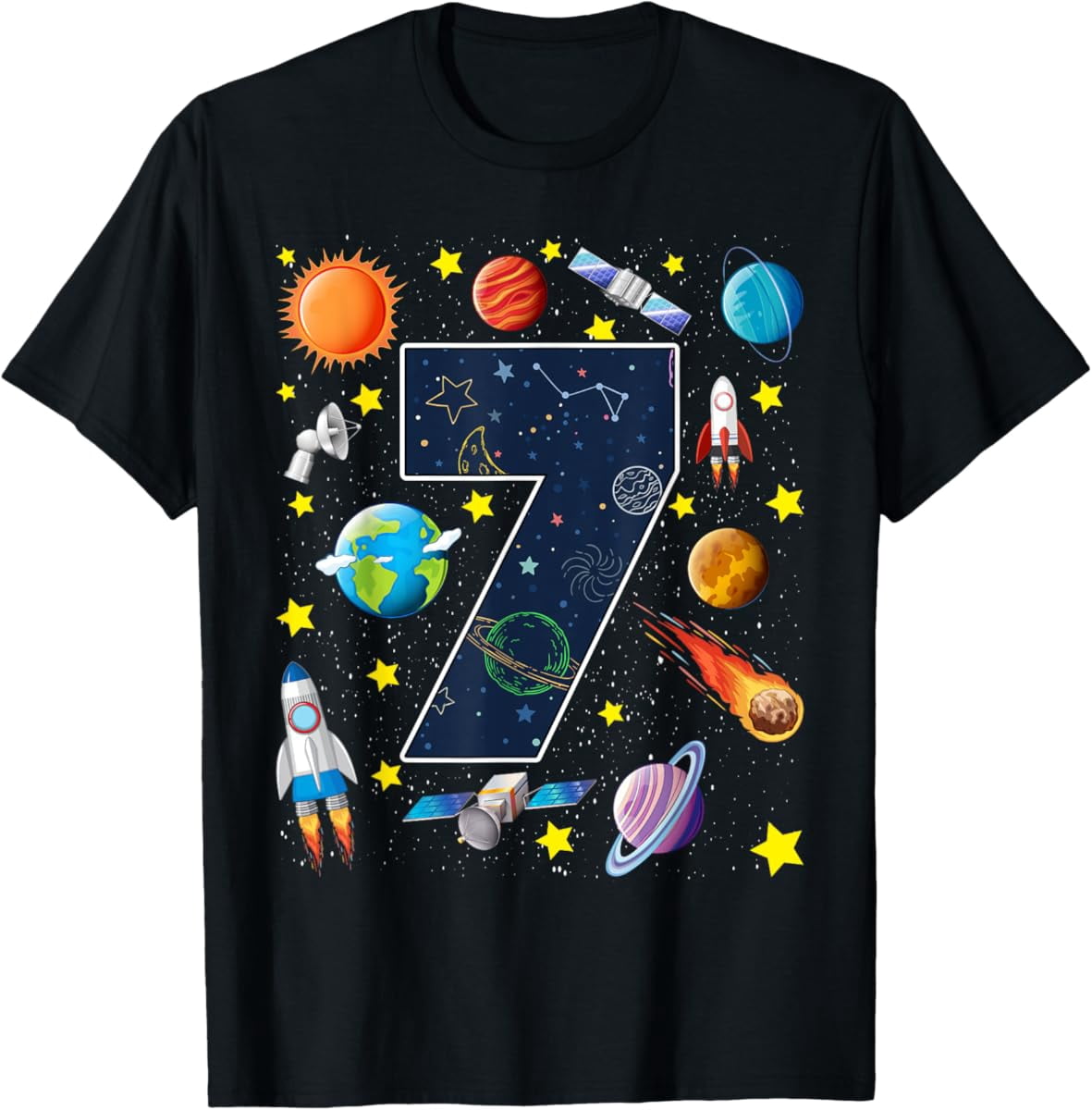 Outer Space 7 Year Old 7Th Birthday Party Space Theme Unisex T-Shirt S ...