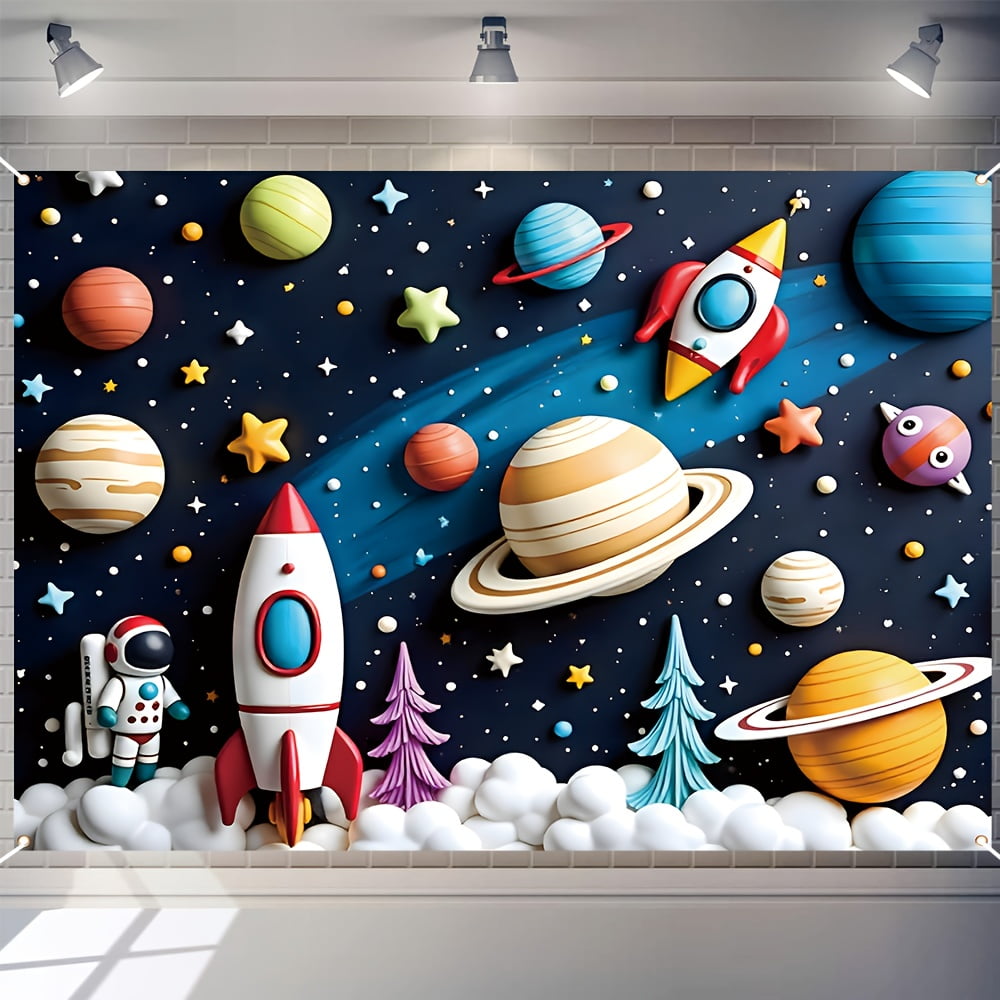 Outer Space Adventure Happy Birthday Backdrop Colorful Planets Rockets ...