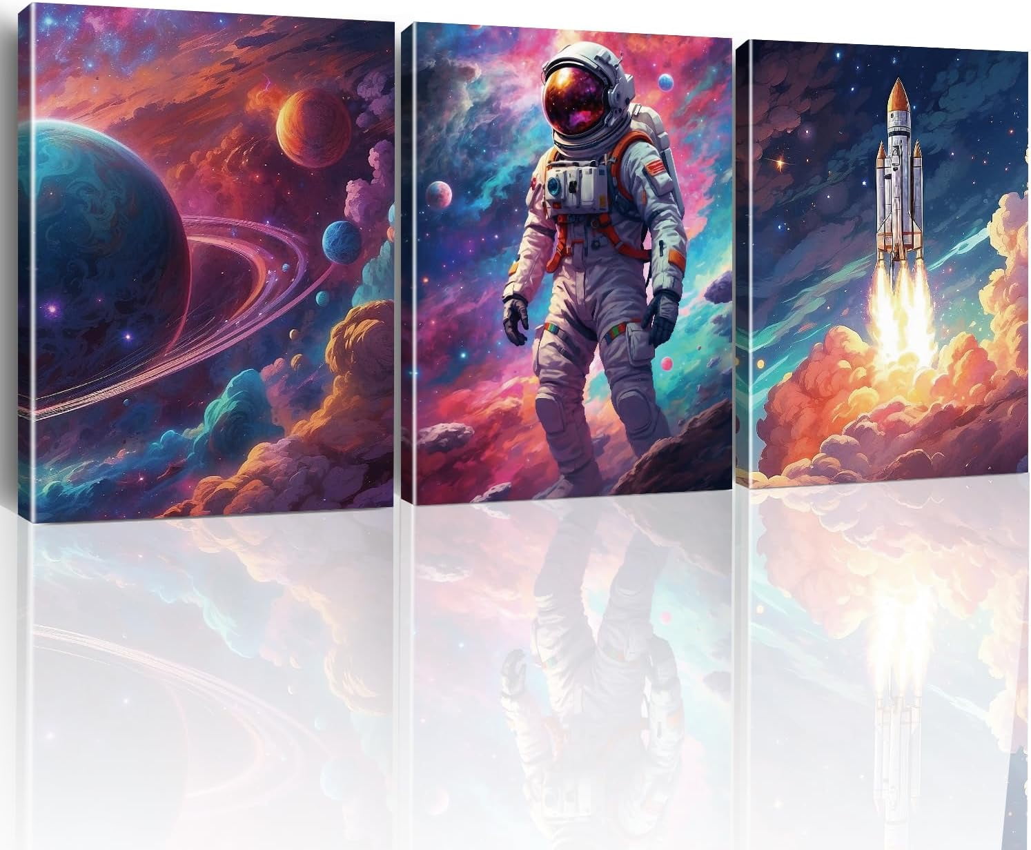 Outer Space Art Wall Decor Astronaut Spaceman Planets Spaceship Canvas ...