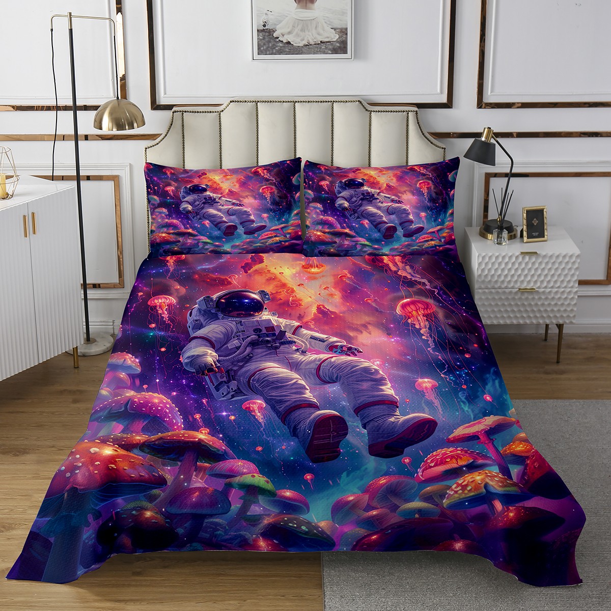 Outer Space Astronaut Queen Quilt Set,Universe Galaxy Bedding Set for ...