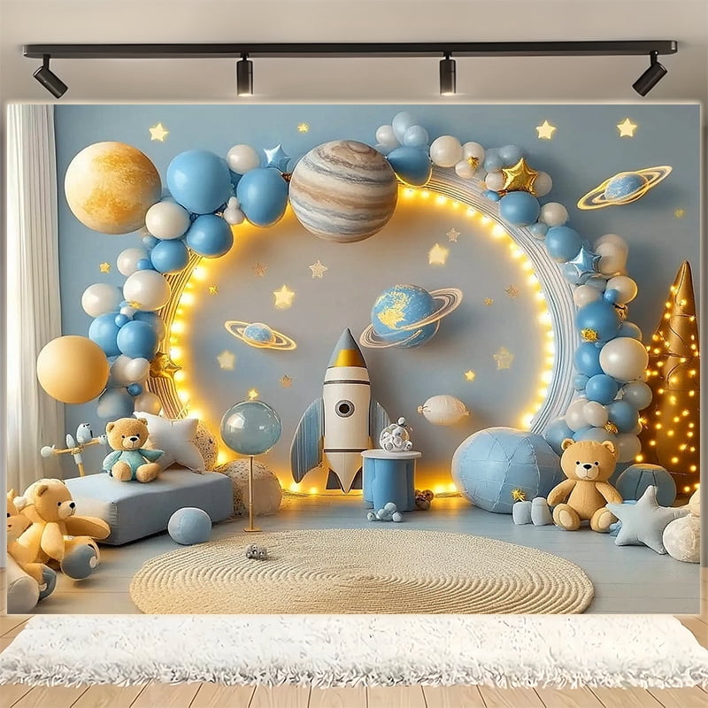 Outer Space Backdrop Glowing Planets Stars Universe Rocket Baby Shower ...