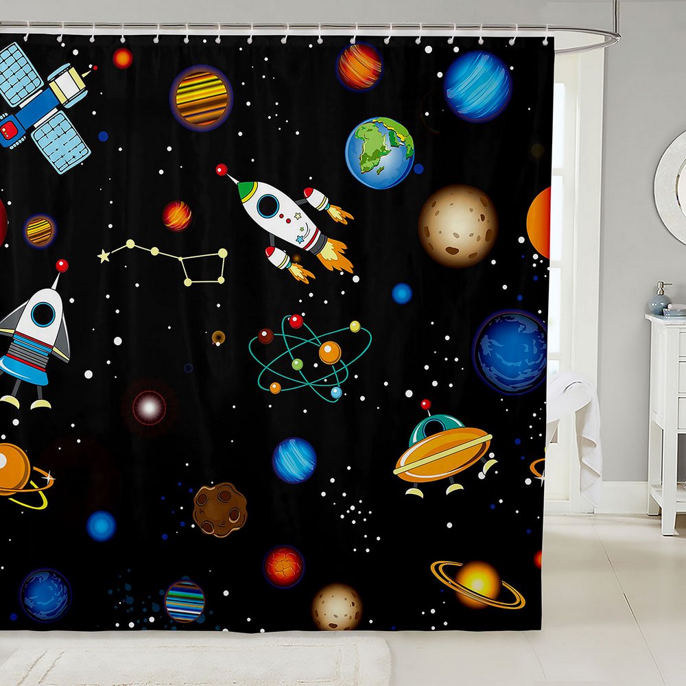 Outer Space Bath Curtain Rocket Ship Shower Curtain Universe Themed Bathroom Decor for Teens ...