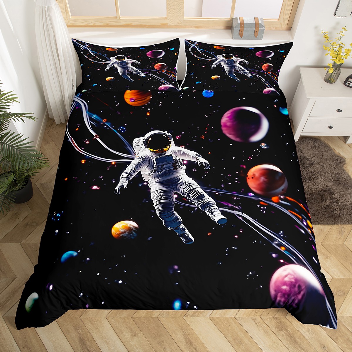 Outer Space Bedding Set Astronaut Pattern Full Comforter Cover,Planet Galaxy Starry Sky Bed ...