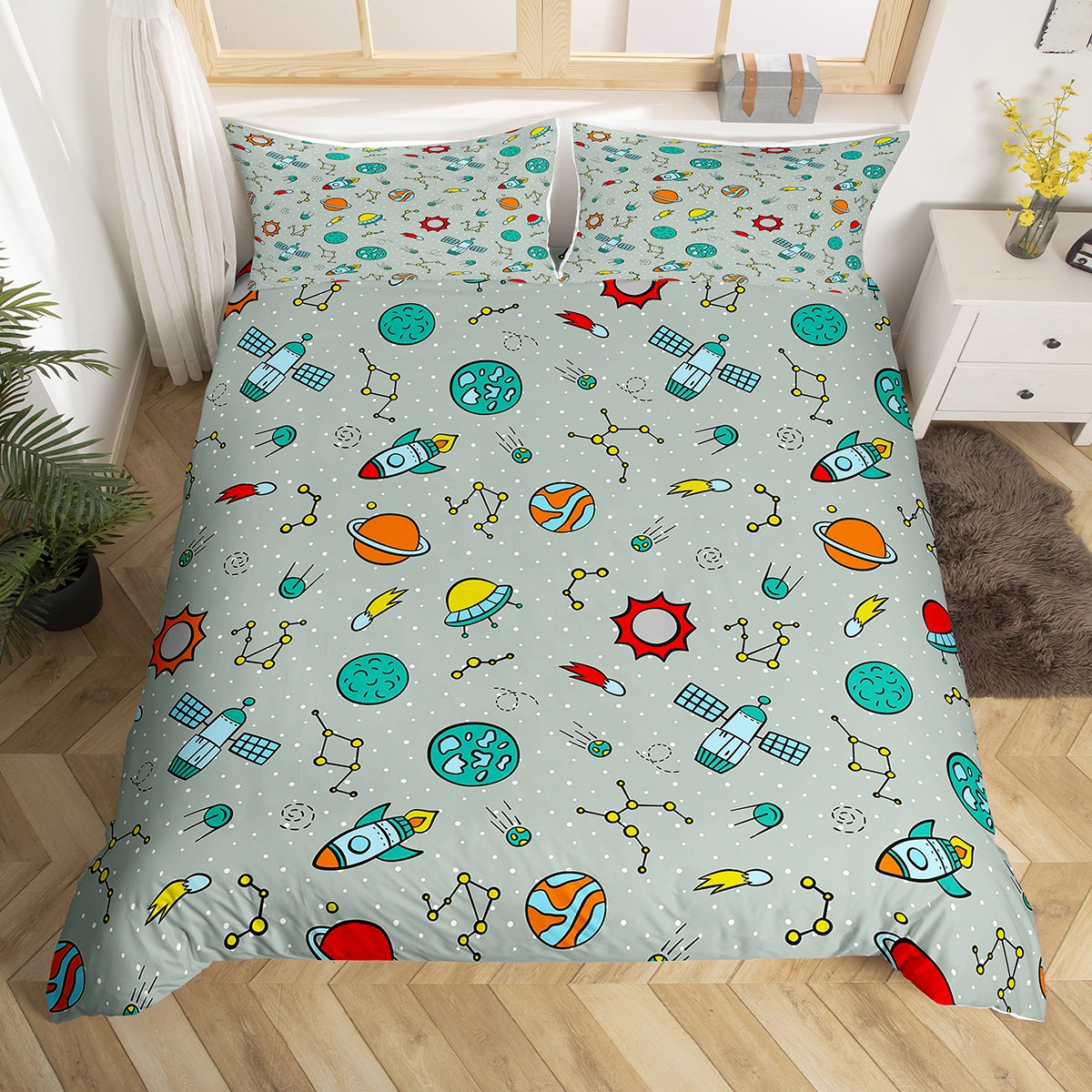 Outer Space Bedding Set Kids Cartoon Rocket Pattern Duvet Cover Queen ...
