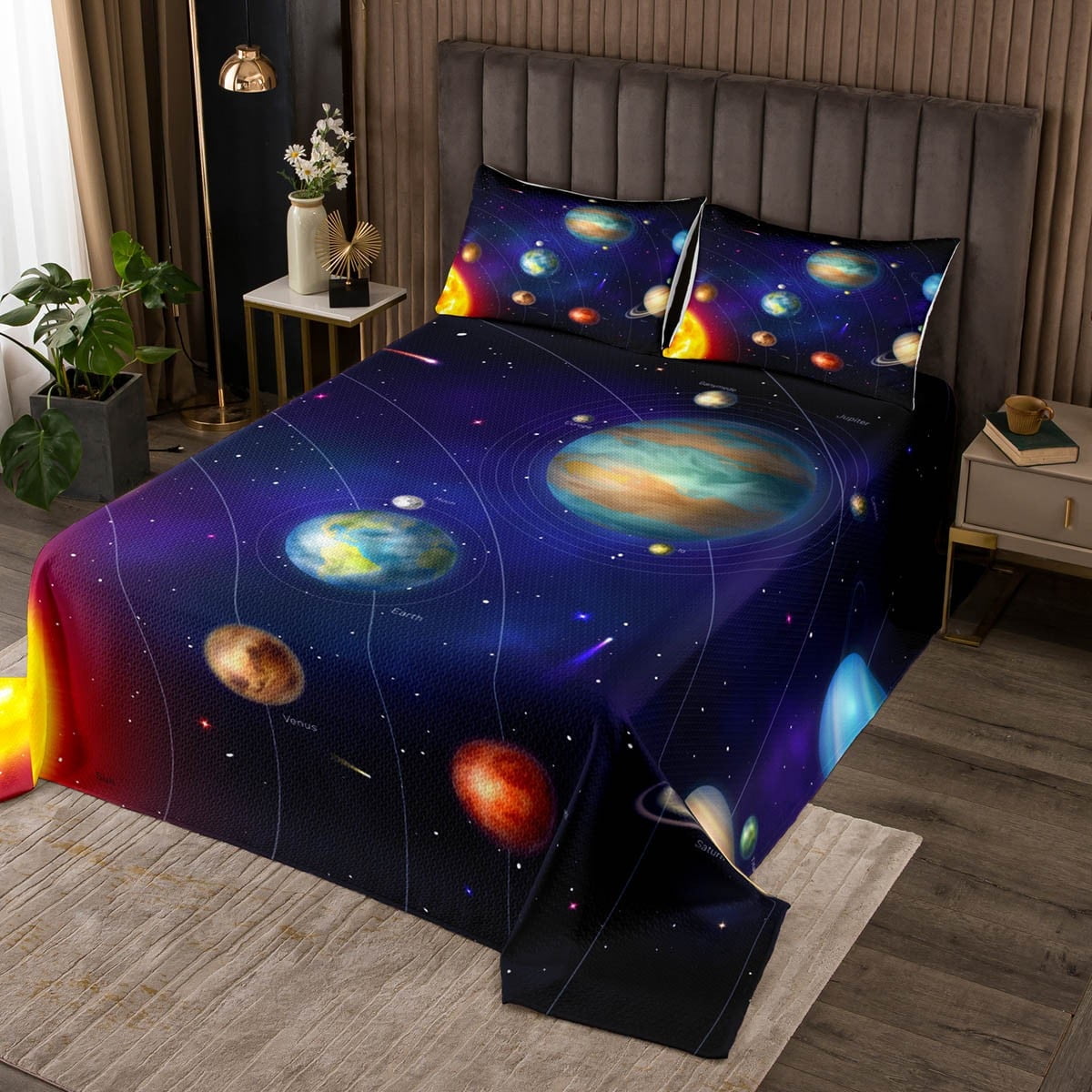 Outer Space Bedspread Twin Size Solar System Quilt Set Blue Purple ...