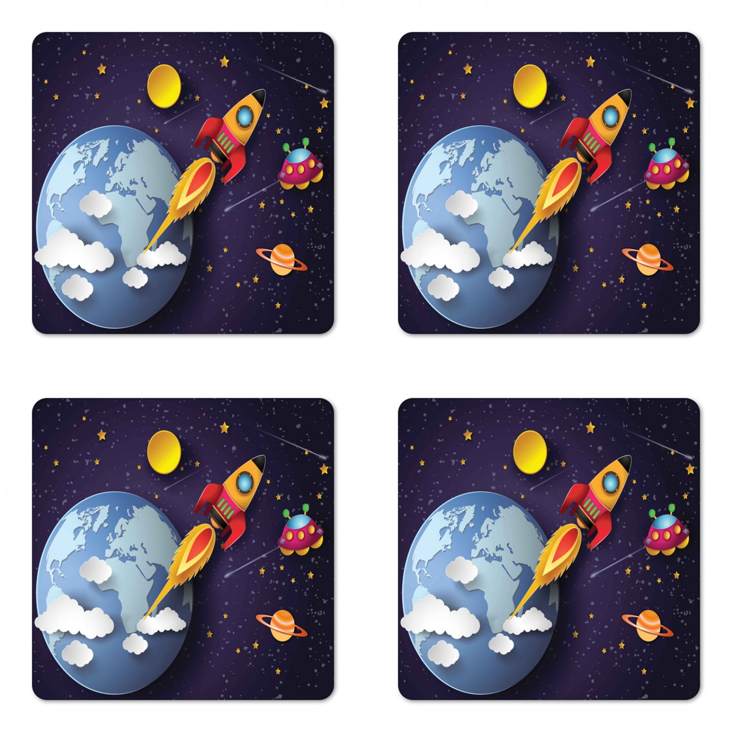 Outer Space Coaster Set of 4, Rocket on Planetary System Earth Stars ...
