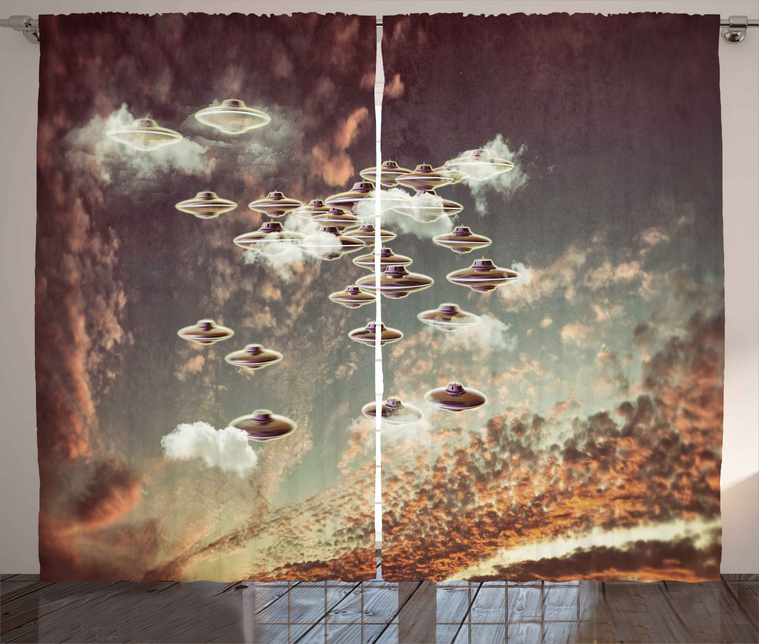 Ambesonne Outer Space Curtains 2 Panel Set, UFOs in Cloudy Sky, 108" x ...
