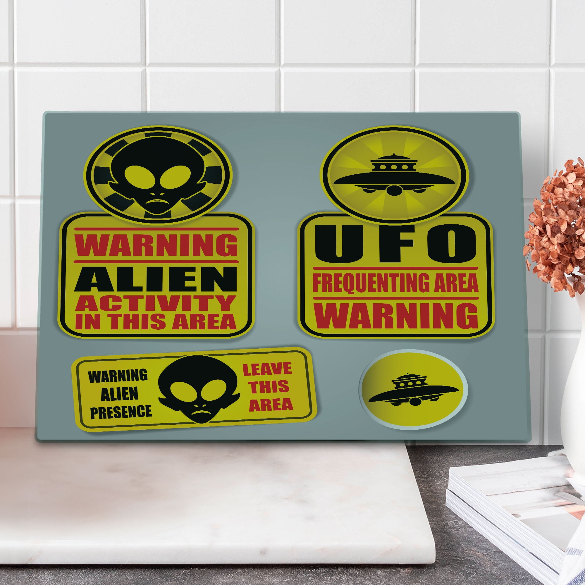 Outer Space Cutting Board, Warning Alien Ufo Sign Face of Martian ...