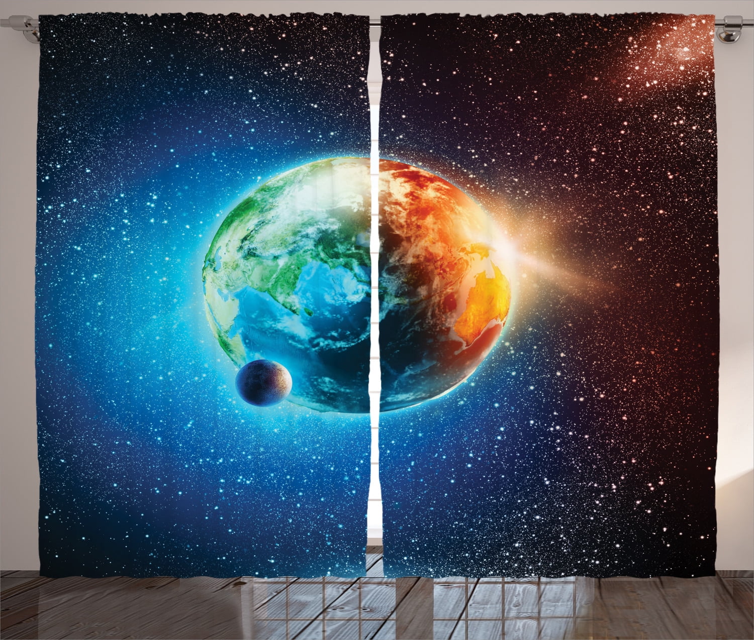 Ambesonne Space Curtains 2 Panel Set, Planet Earth Sun Rays, 108" x 90 ...
