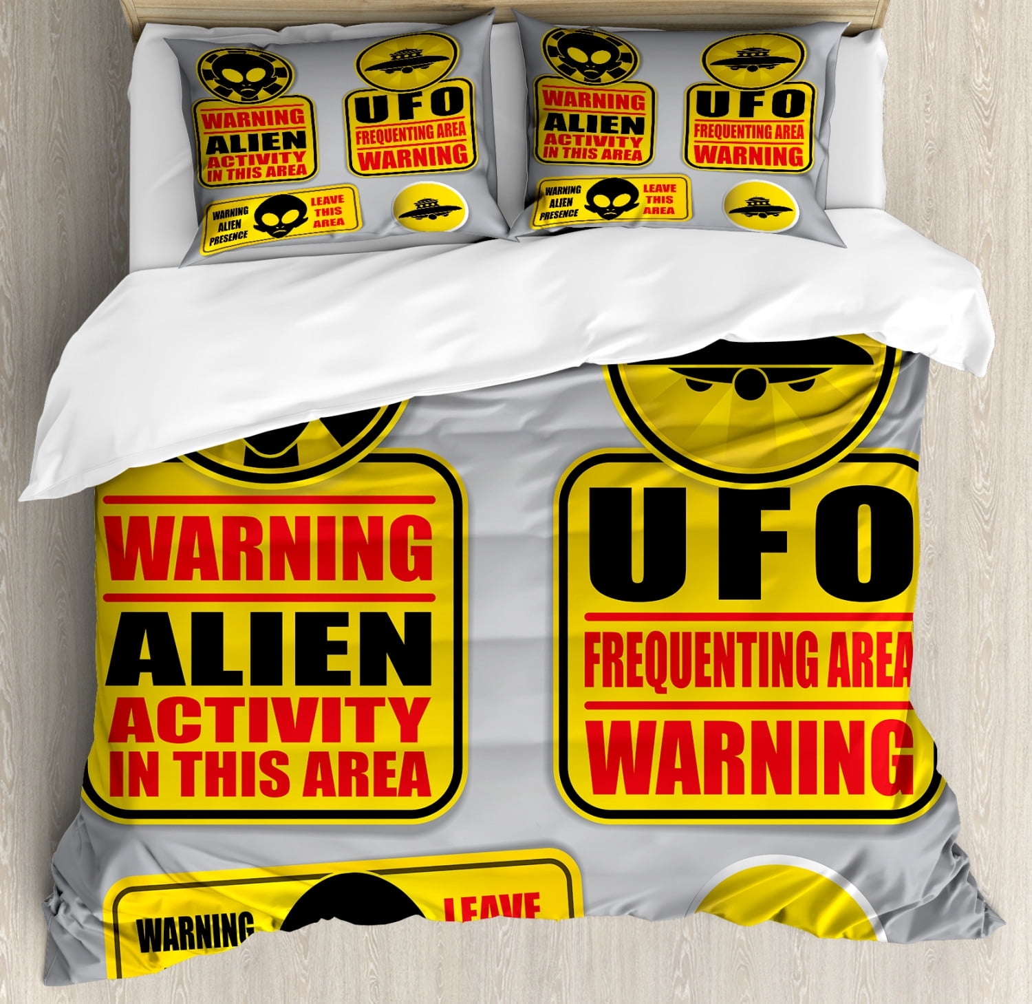 Outer Space Decor Queen Size Duvet Cover Set, Warning Alien Ufo Sign ...