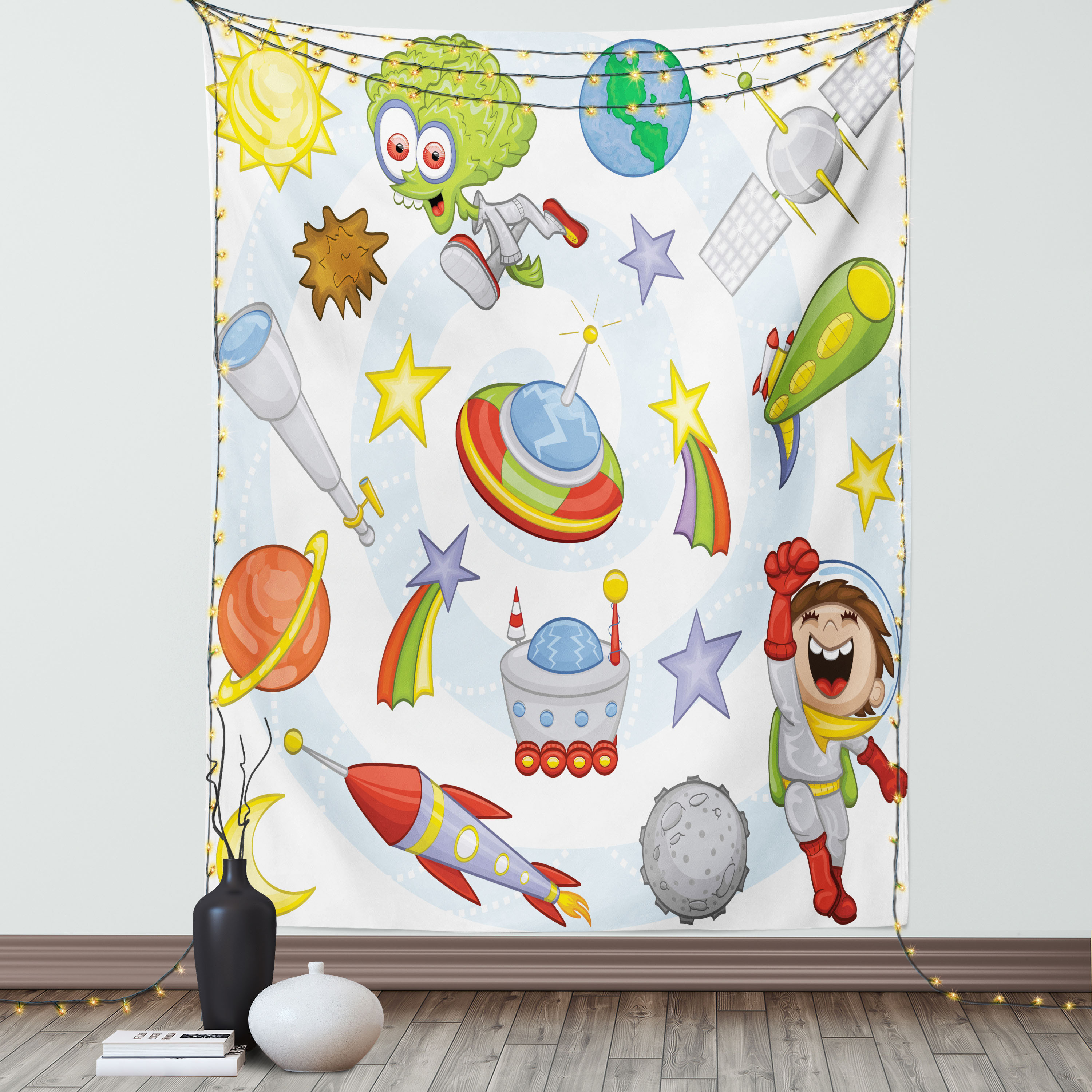 Outer Space Decor Tapestry, Space Objects with Sun Earth Comet Stars ...