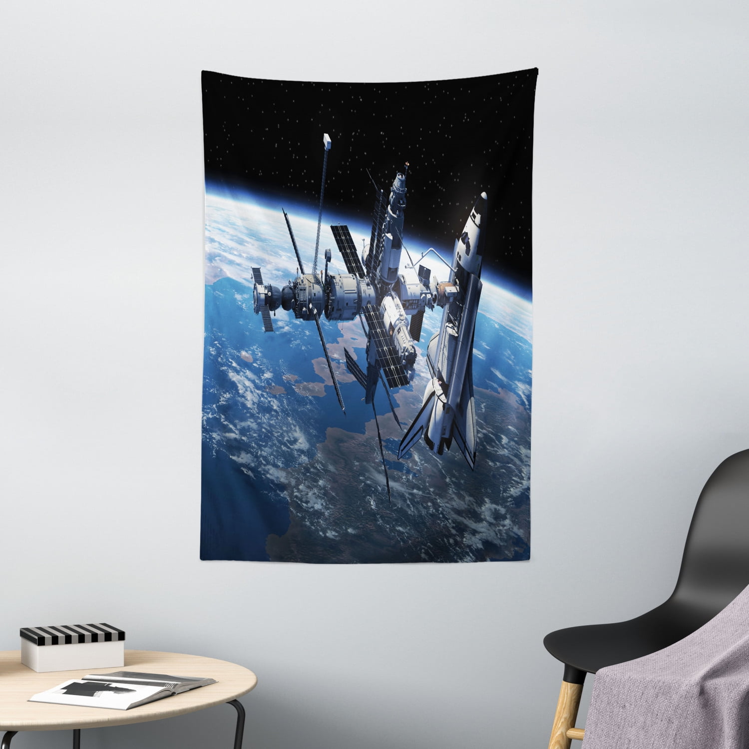Outer Space Decor Wall Hanging Tapestry, Space Shuttle and Station View ...