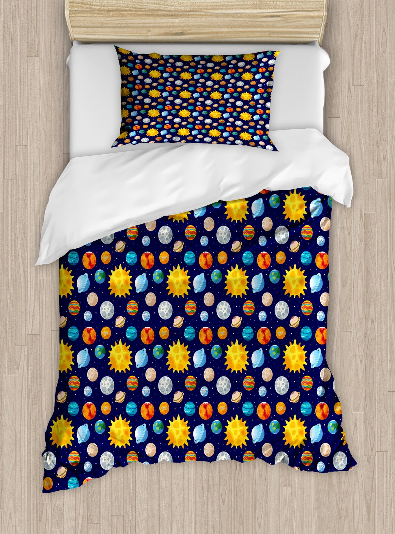 Outer Space Duvet Cover Set, Colorful Planets Cartoon with Sun Solar ...