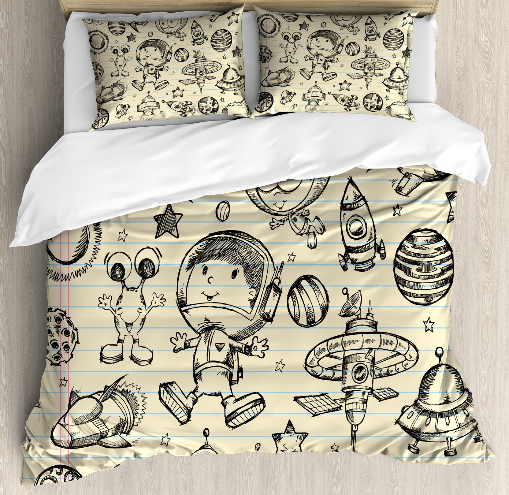 Outer Space Duvet Cover Set, Cosmonaut Boy in Outer Space Along Planets ...