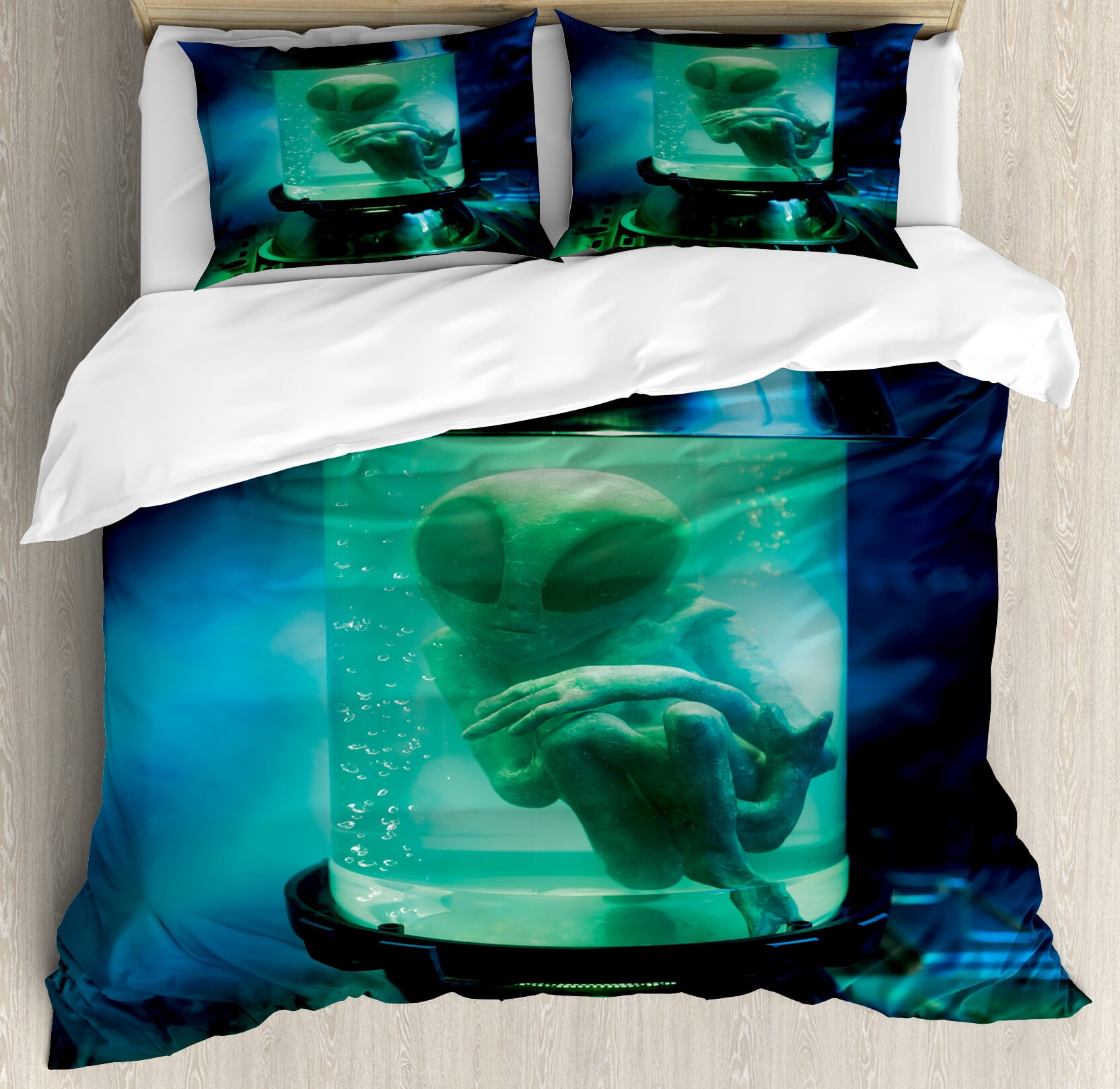 Outer Space Duvet Cover Set, Martian UFO Alien in a Aquarium Like Tube ...