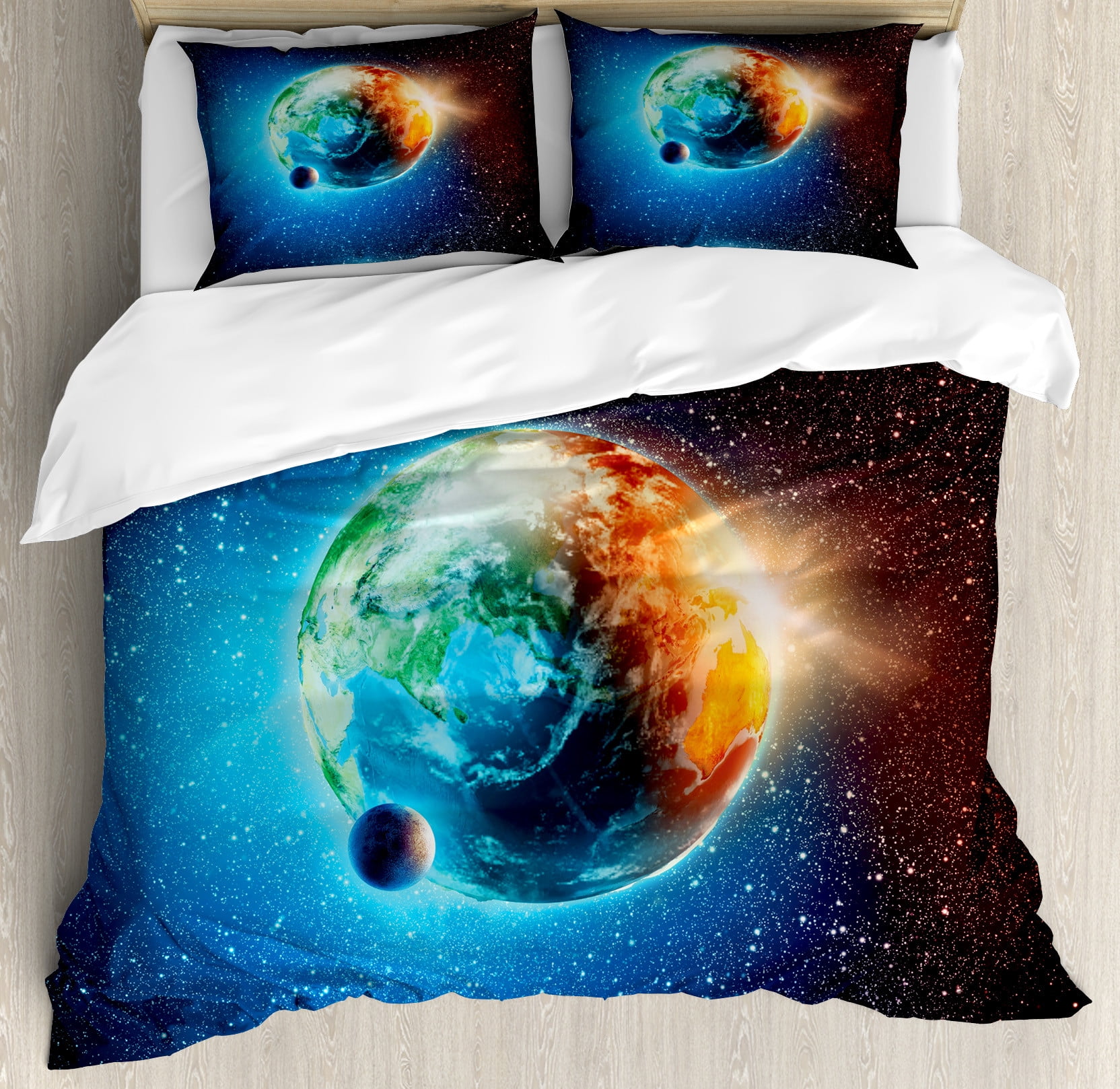 Outer Space Duvet Cover Set, Planet Earth in Sun Rays Elements ...