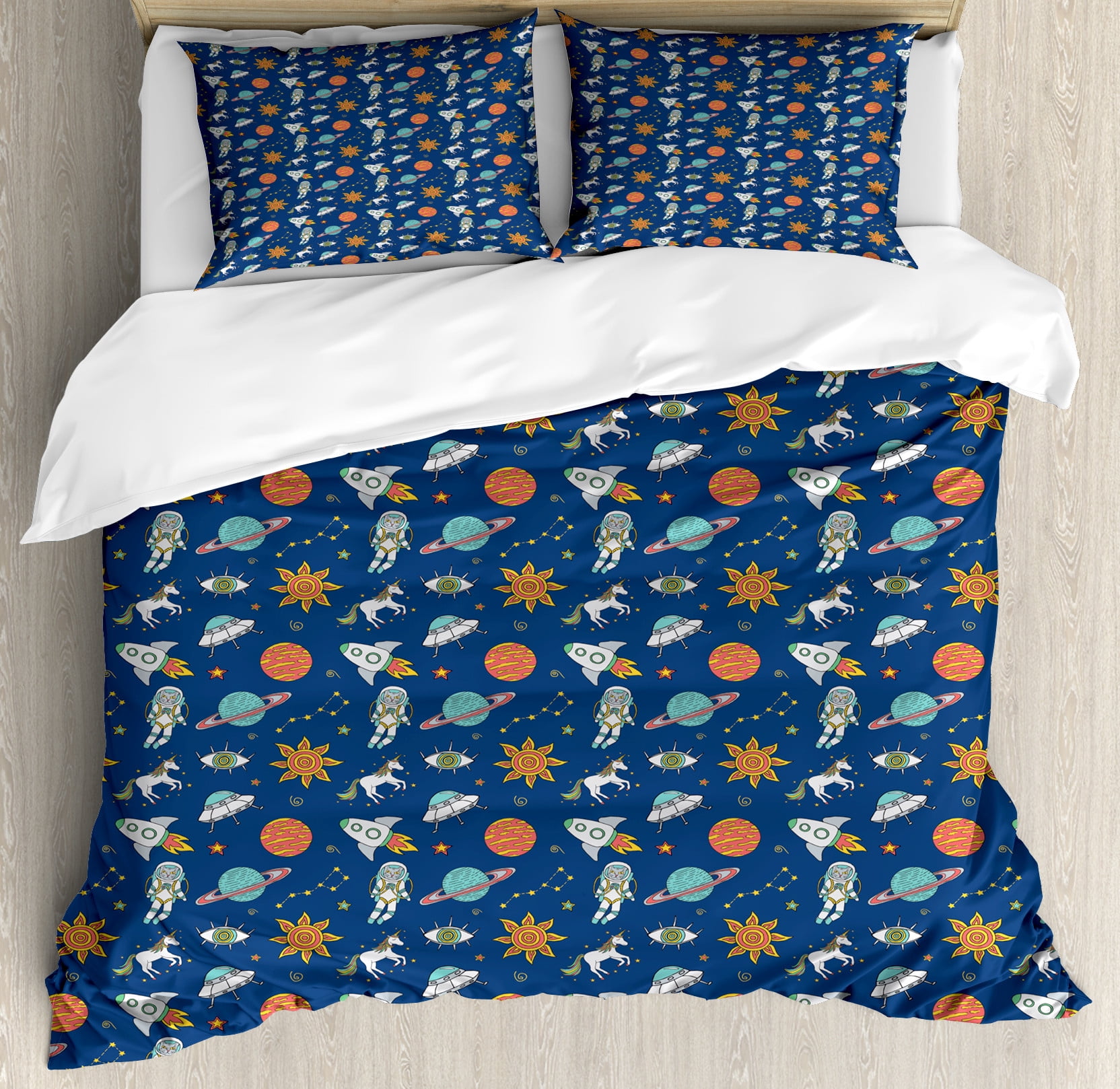 Outer Space Duvet Cover Set, Print of Unicorn Along Planets UFO ...