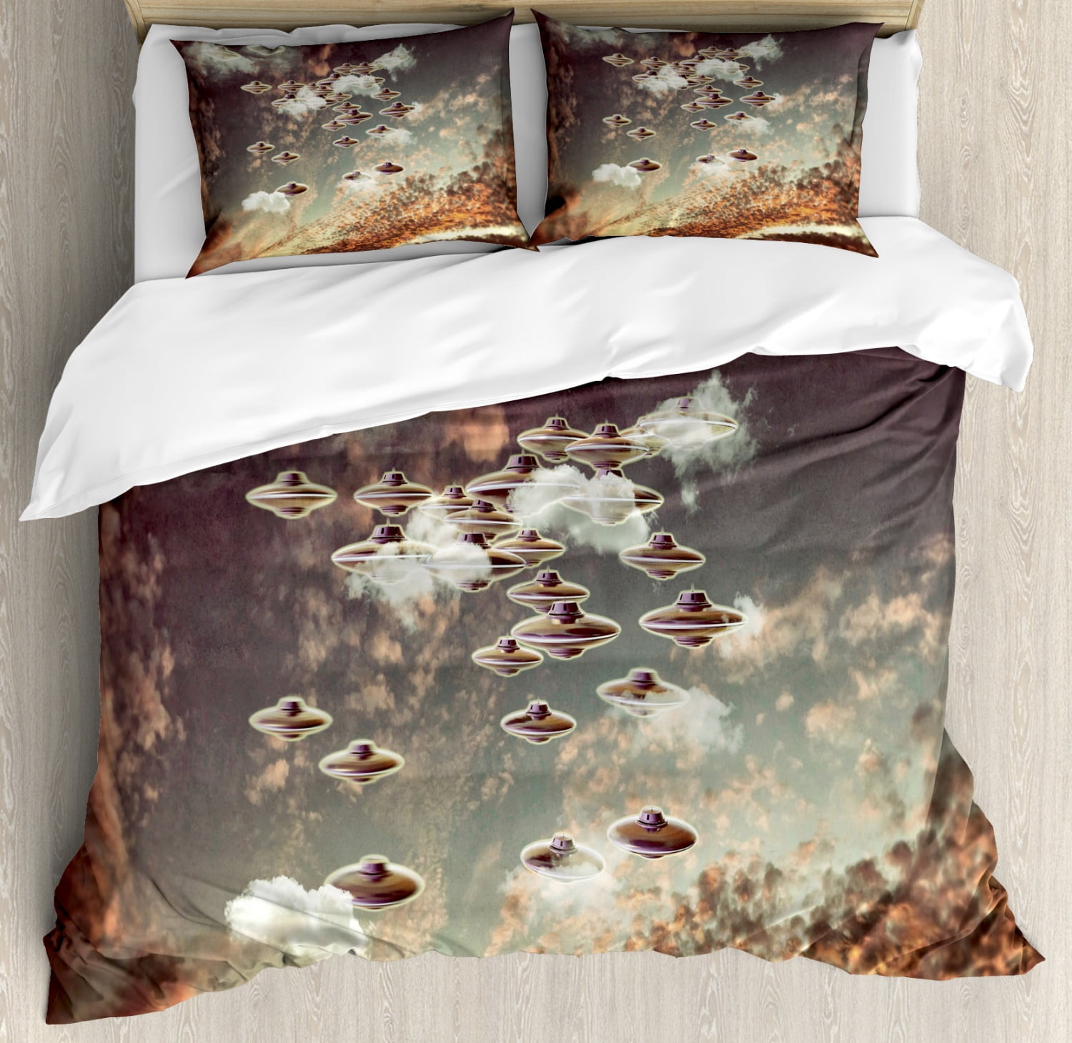 Outer Space Duvet Cover Set Queen Size, Flying Objects in Cloudy Sky ...