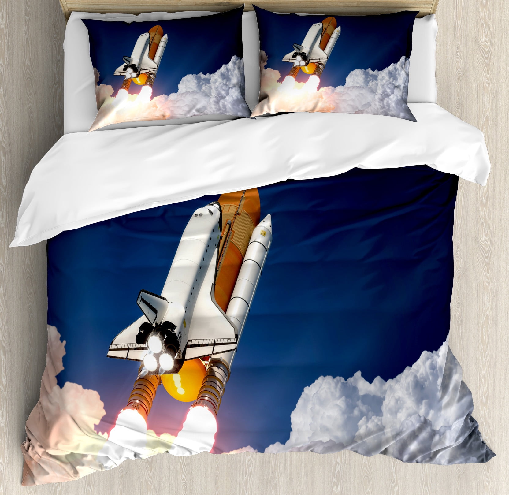 Outer Space Duvet Cover Set, Space Rocket Lifting Through the Clouds ...