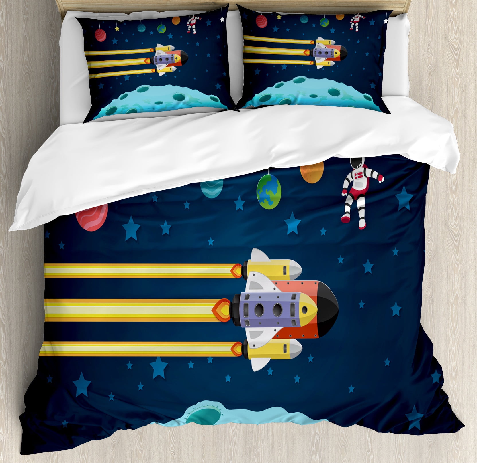 Outer Space Duvet Cover Set, Rocket Ship Flying over the Moon with an ...