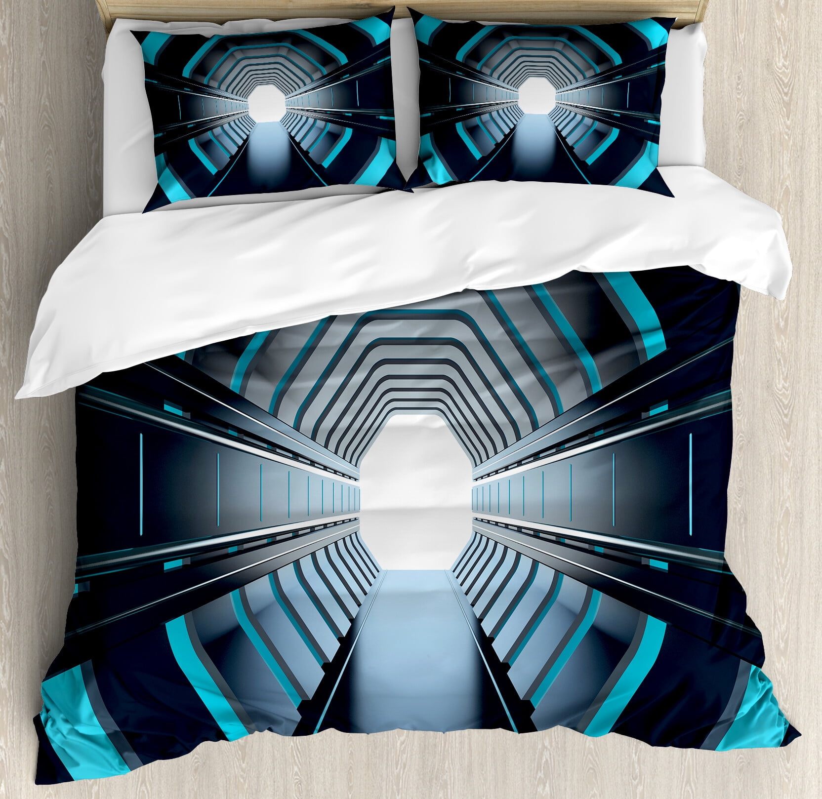 Outer Space Duvet Cover Set, Tunnel with Neon Passage Mercury Lunar ...