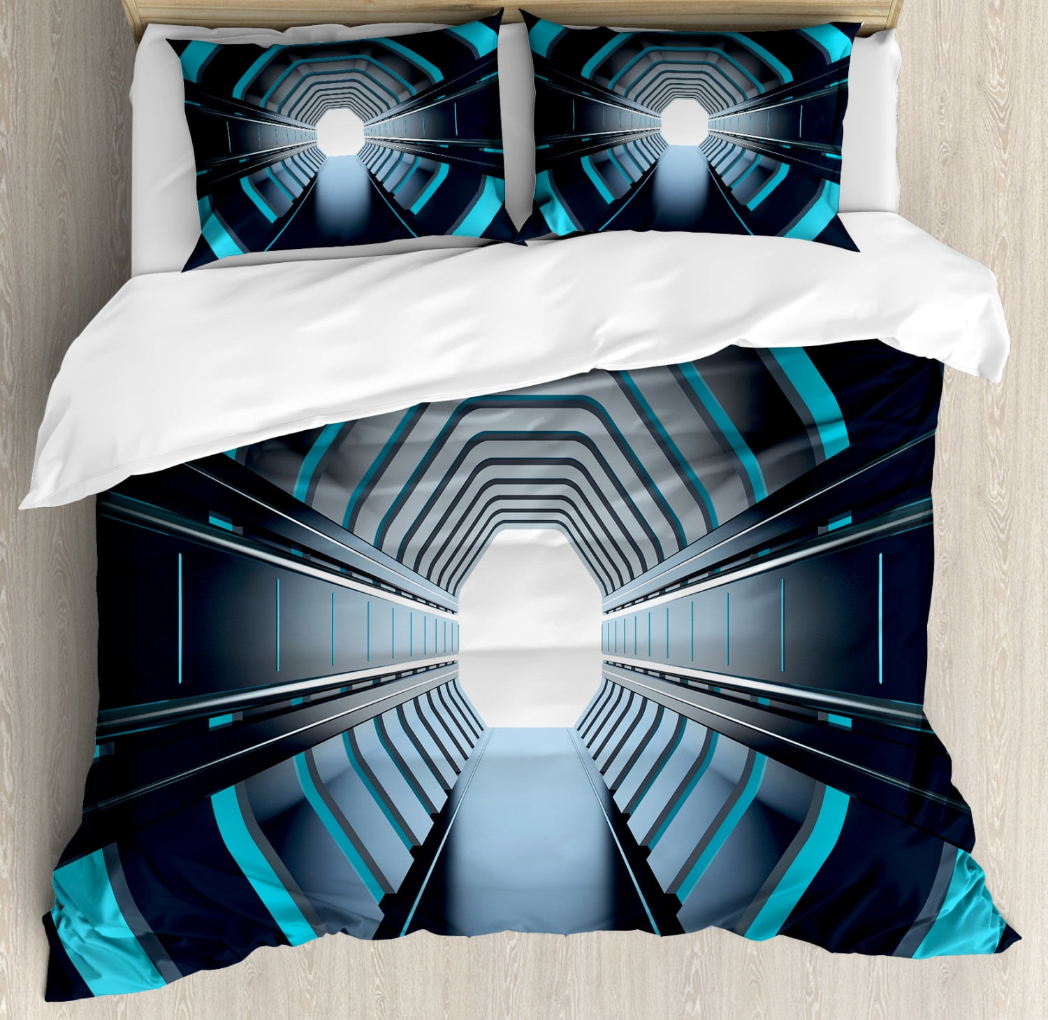 Outer Space Duvet Cover Set, Tunnel with Neon Passage Mercury Lunar ...