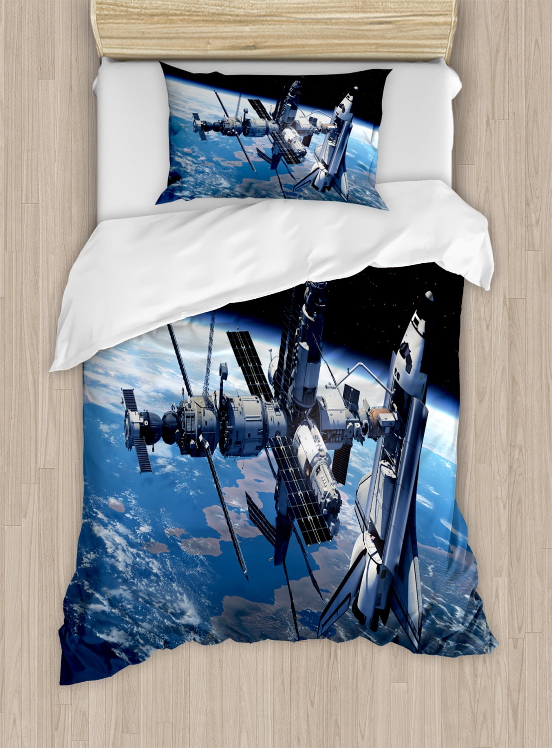 Outer Space Duvet Cover Set Twin Size, Space Shuttle and Station View ...