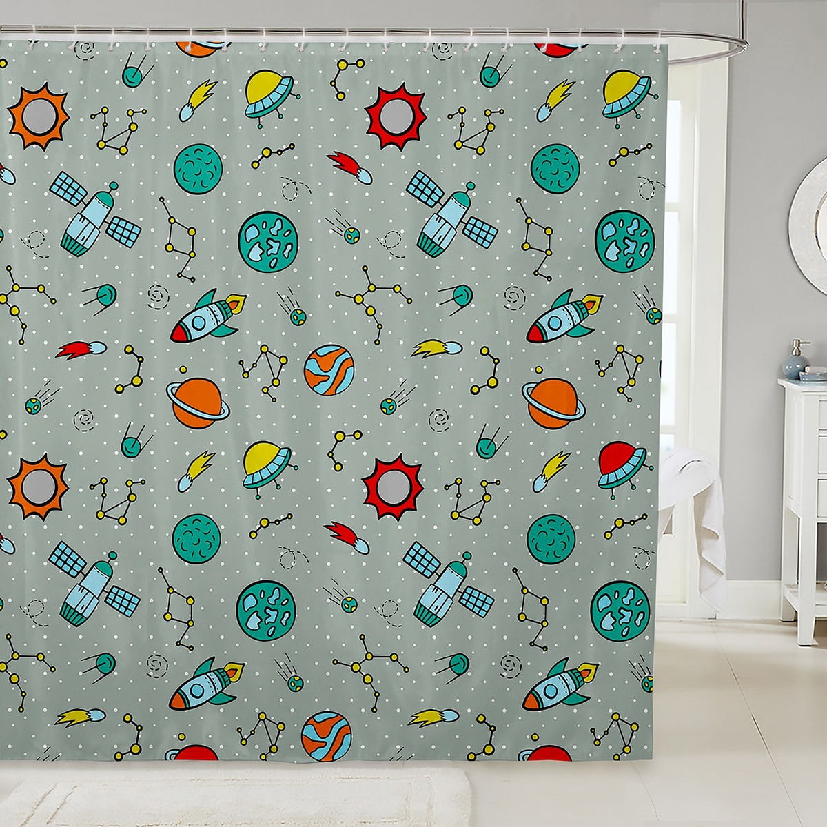 Outer Space Fabric Shower Curtain Kids Cartoon Rocket Pattern Bathroom ...