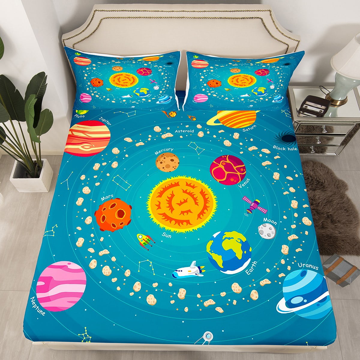 Outer Space Fitted Sheet Full Size Cartoon Galaxy Bed Sheets Teens ...
