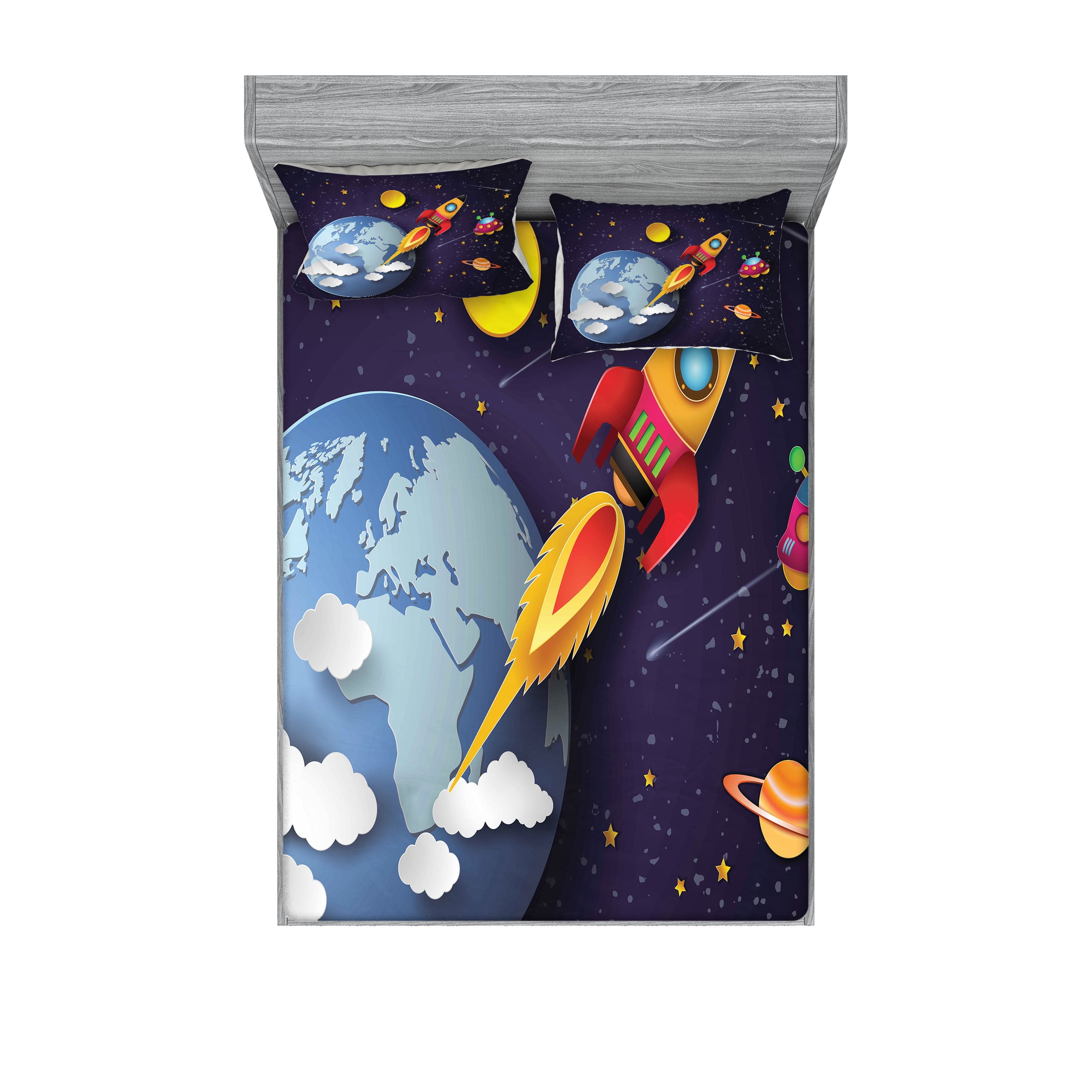Outer Space Fitted Sheet & Pillow Sham Set, Rocket on Planetary System ...