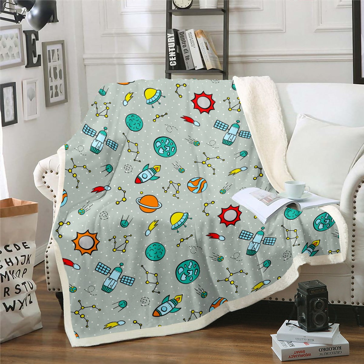 Outer Space Fuzzy Blanket Queen Kids Cartoon Rocket Pattern Throw ...