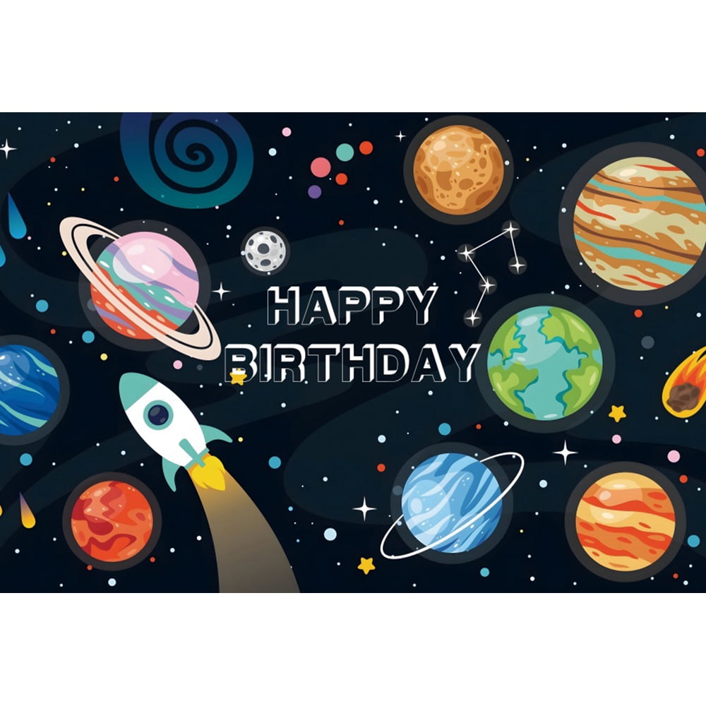Outer Space Happy Birthday Backdrop Universe Planet Galaxy Spacecraft ...