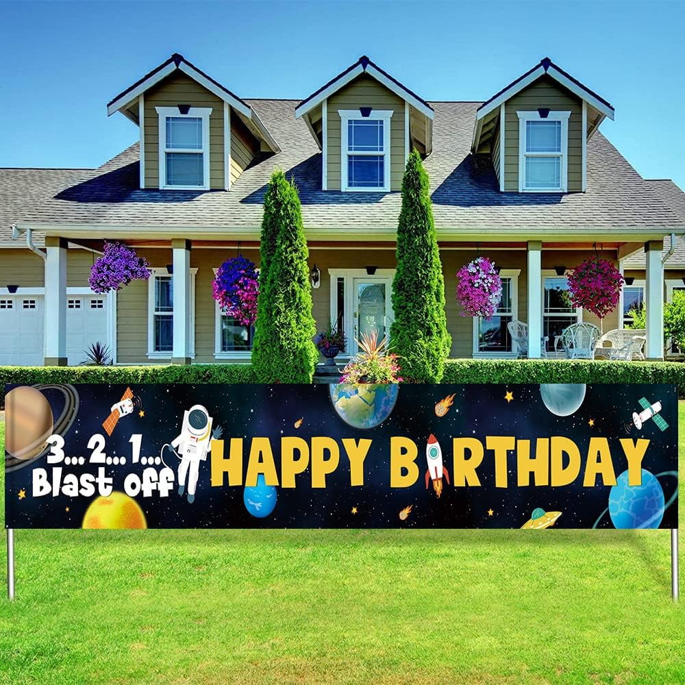 Outer Space Happy Birthday Banner 118x20 inch Children Astronaut Themed ...