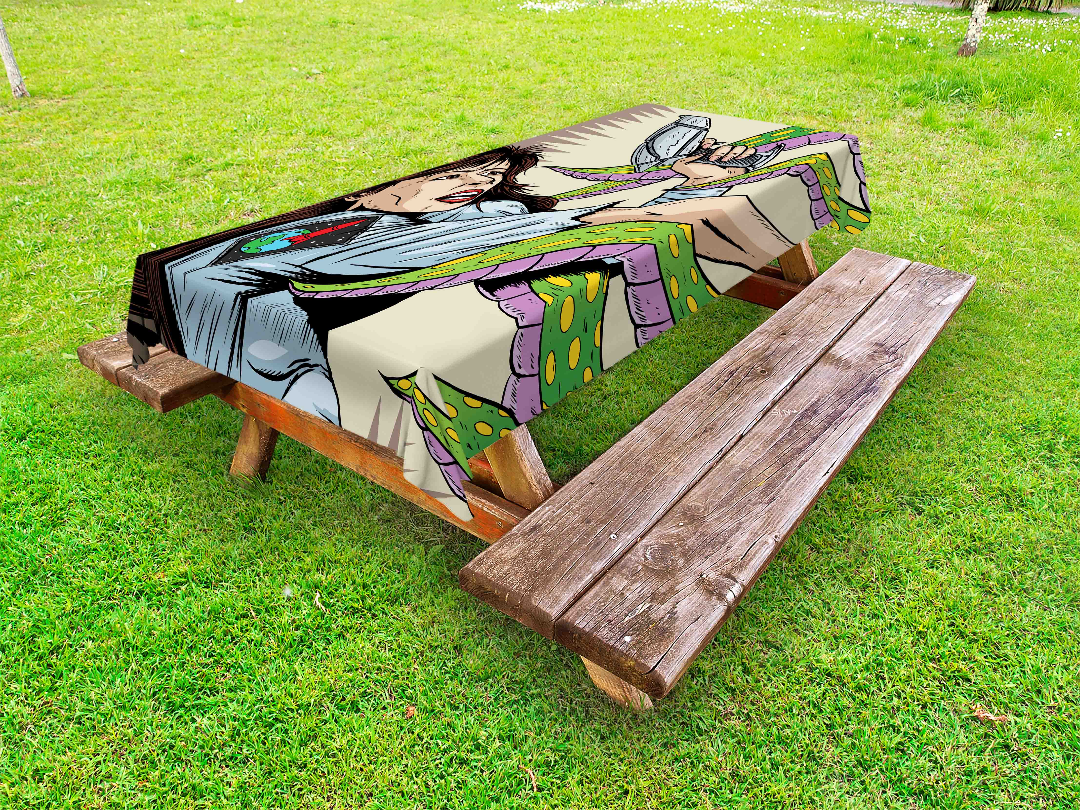 Outer Space Outdoor Tablecloth, Alien Attacks Terrified Uniform Woman ...
